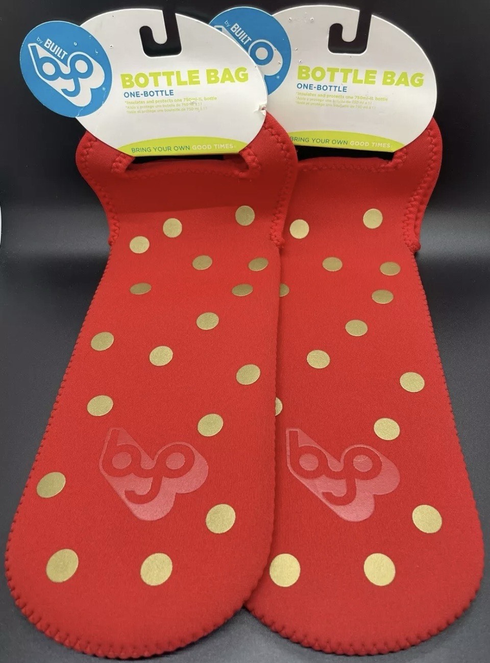 Set of 2 BYO Wine Bags 750 ml-1L Insulated Red/Gold Polka Dot Bring ...