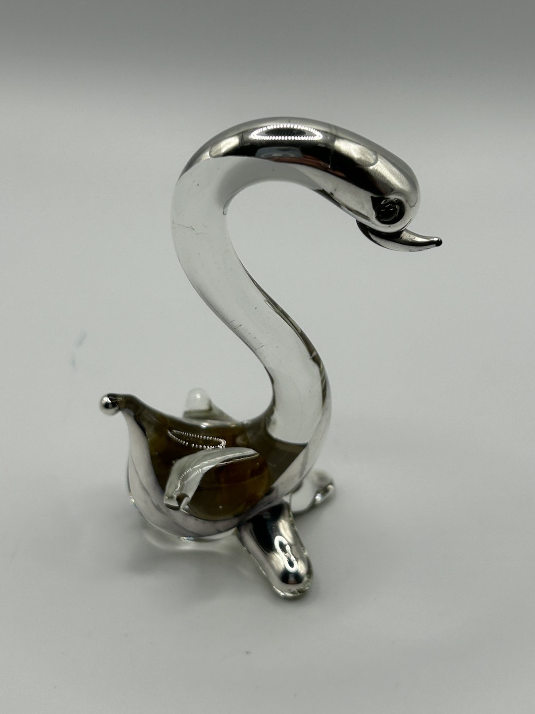 Vintage Art Glass Swan With Silver Overlay Figurine