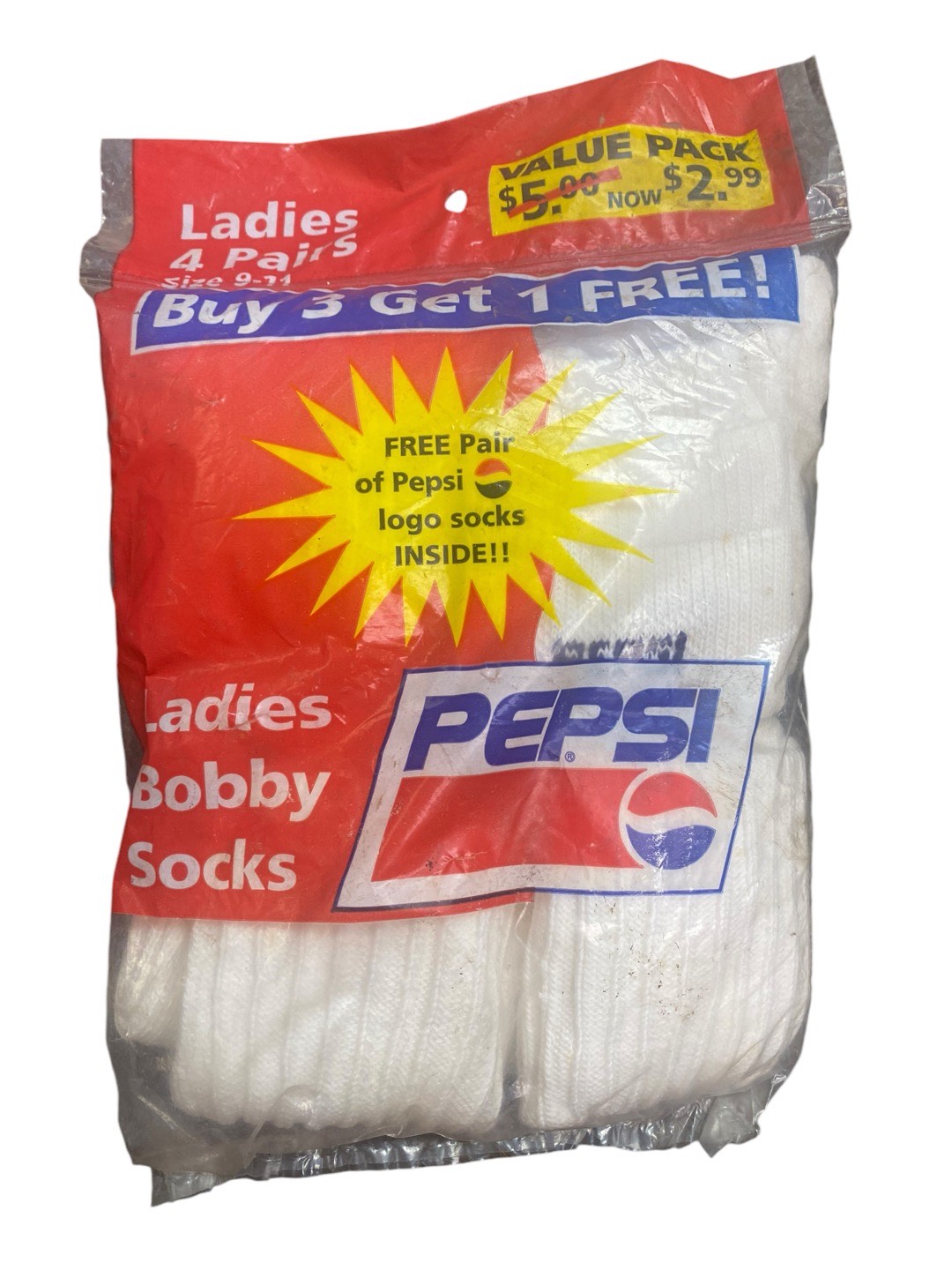 Vintage Pepsi Socks Womens Bobby Socks White Sz 9-11 4 Pair Pack Sealed ...