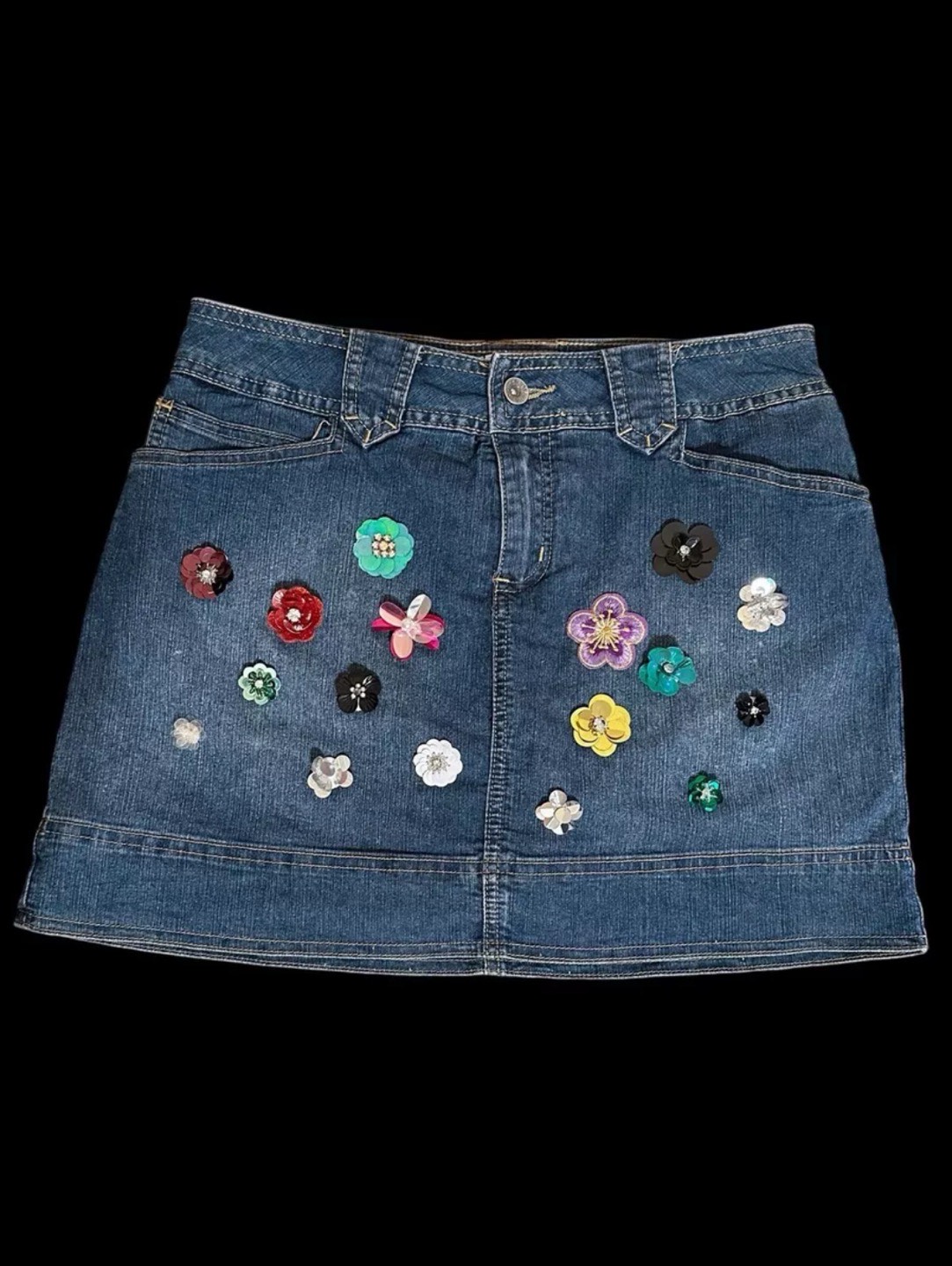 Reworked Hand Embroidered Multicolored Sequin Flowers Front Detail ...