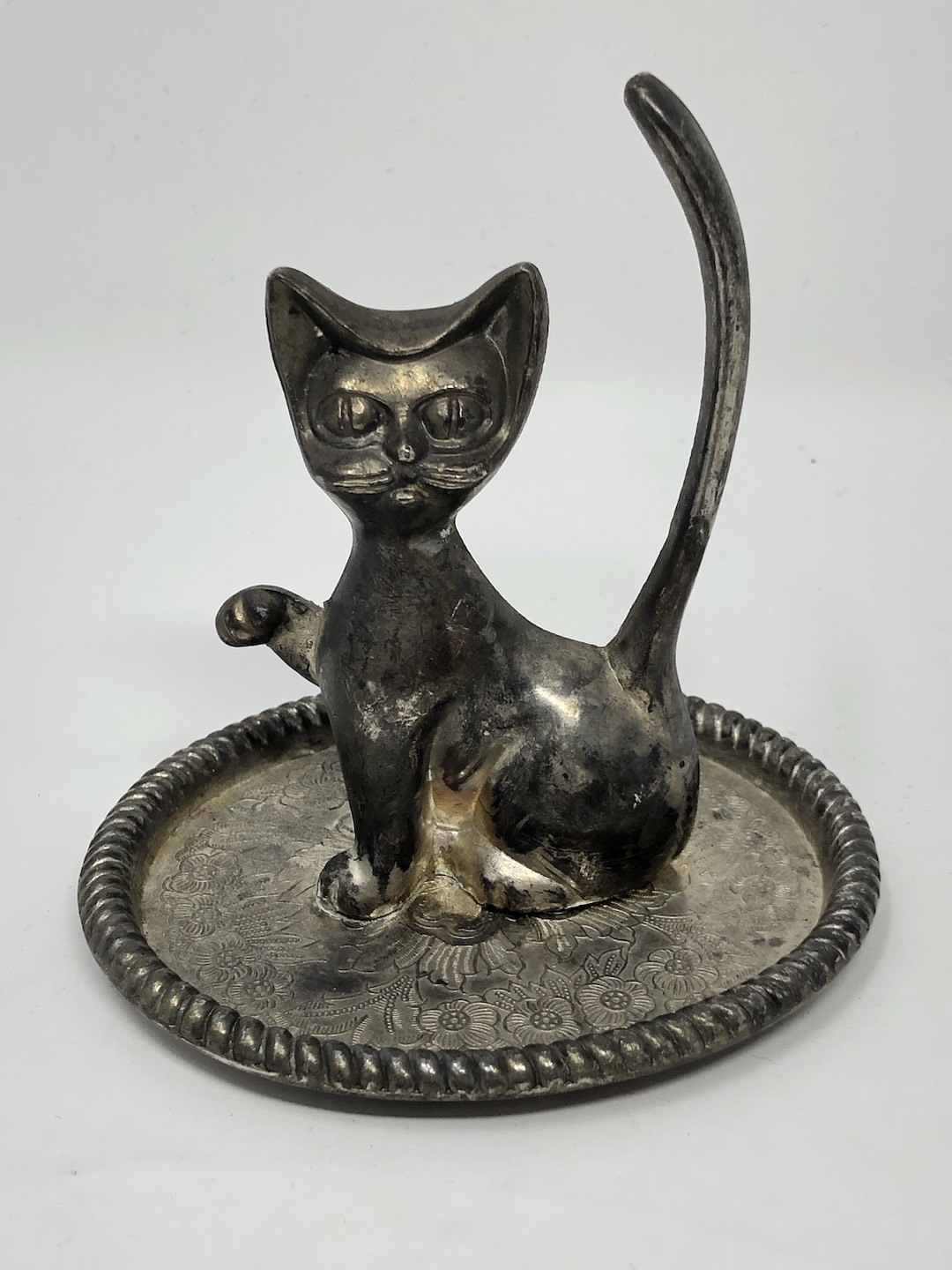 Long-Tailed Cat Ring Catcher Silver Plated Trinket Dish