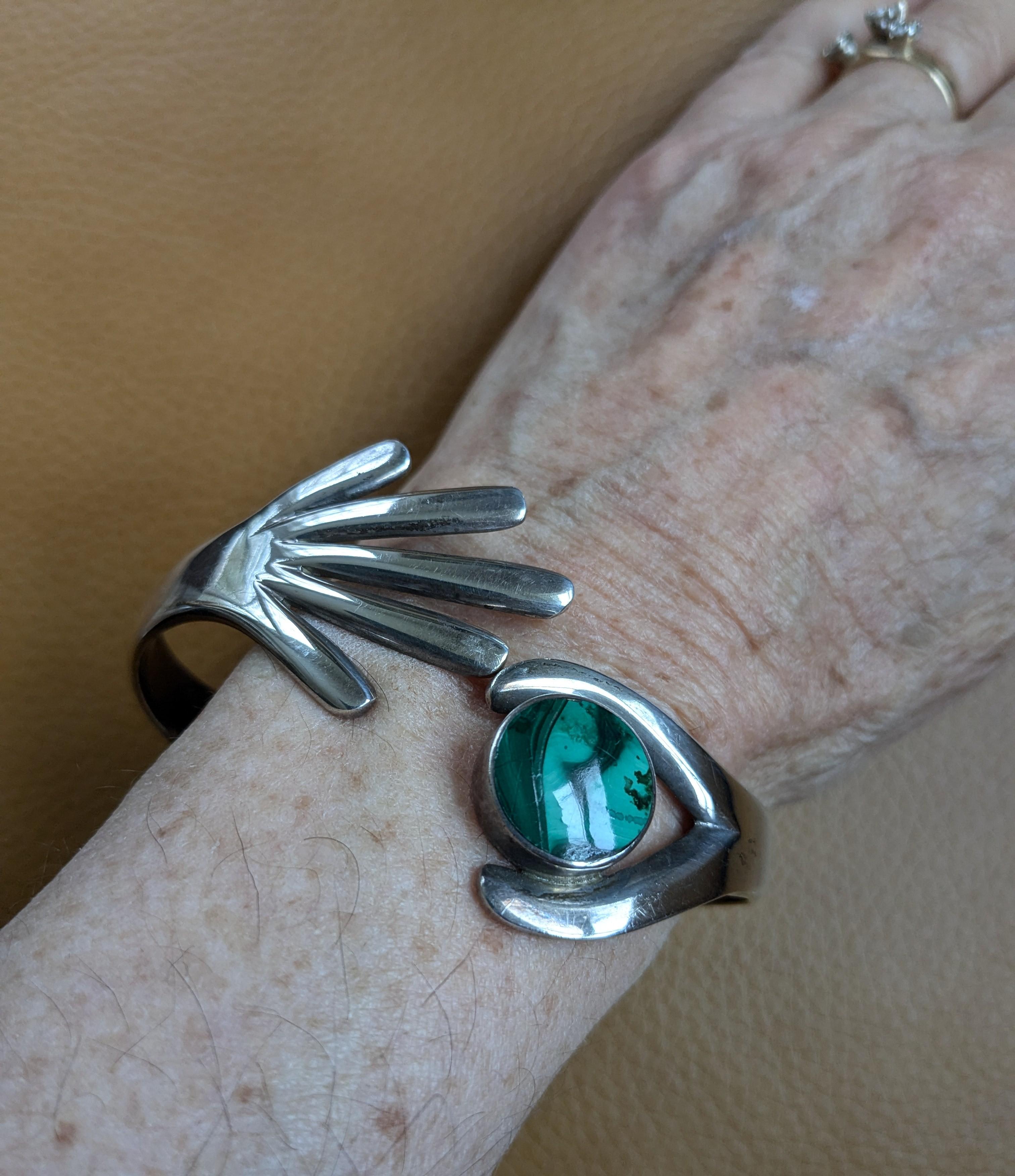Vintage Sterling Silver Clamper Bracelet with Malachite Stone