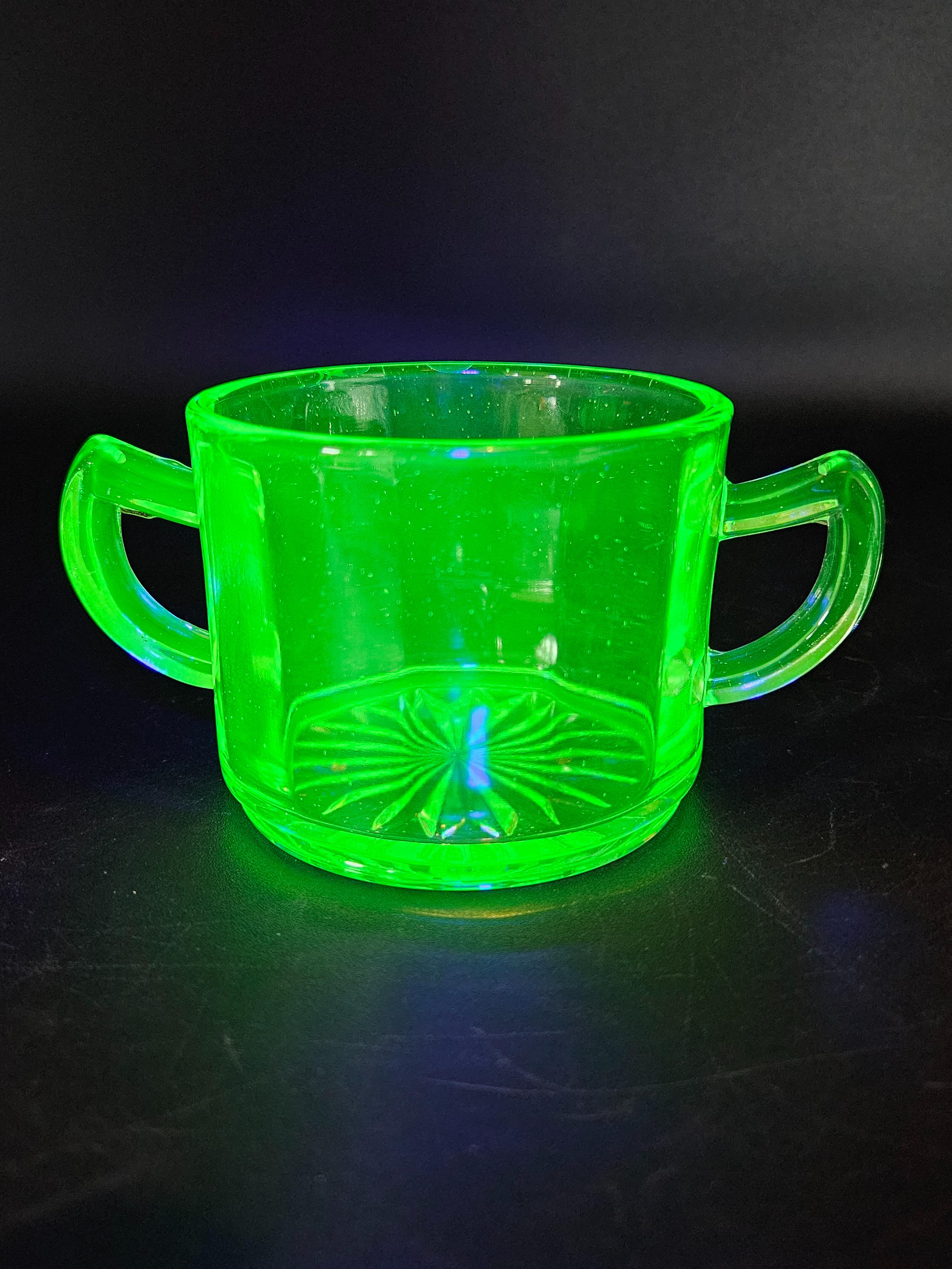 Vintage Uranium Glass Double Handled Sugar Bowl Glows