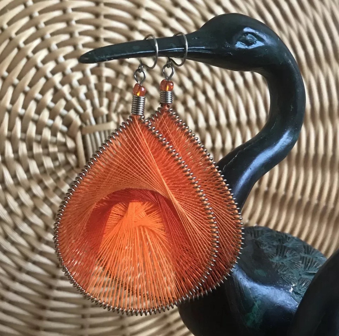 70s String Art Earrings Peruvian Thread Art Orange Boho Festival 2.75" NEW