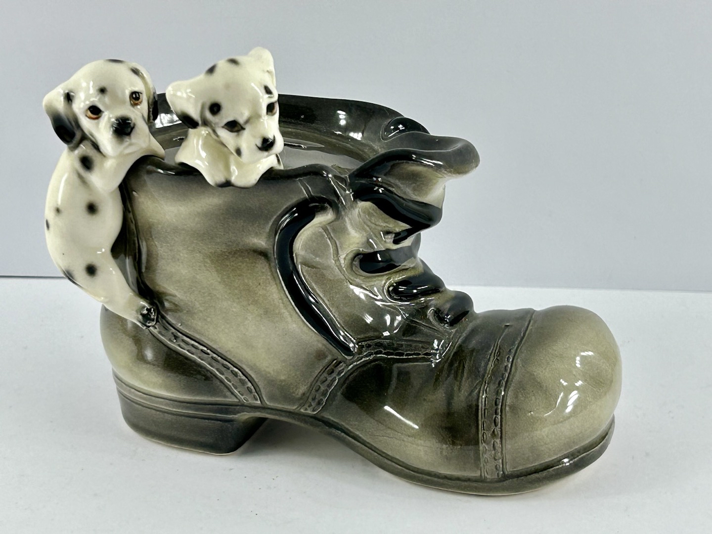 Vintage Terra Ceramic Dalmatian Puppy Dogs And Boot Coin Bank