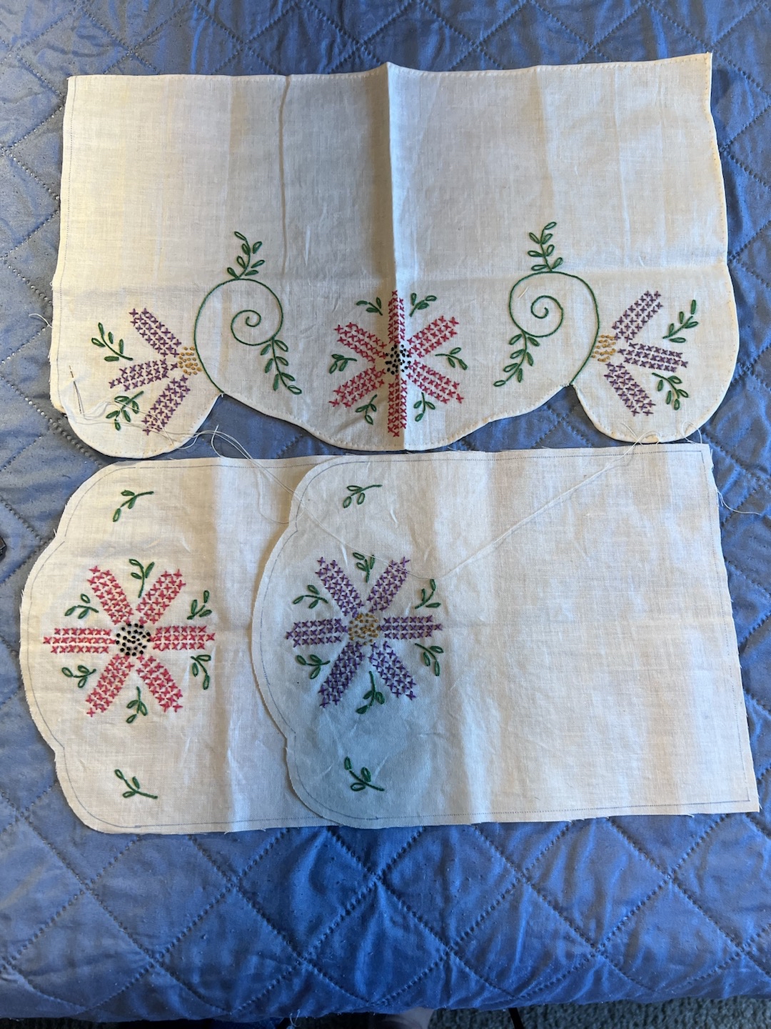 Beautiful Vintage Unfinished Set of Hand Embroidered Linens. Three ...