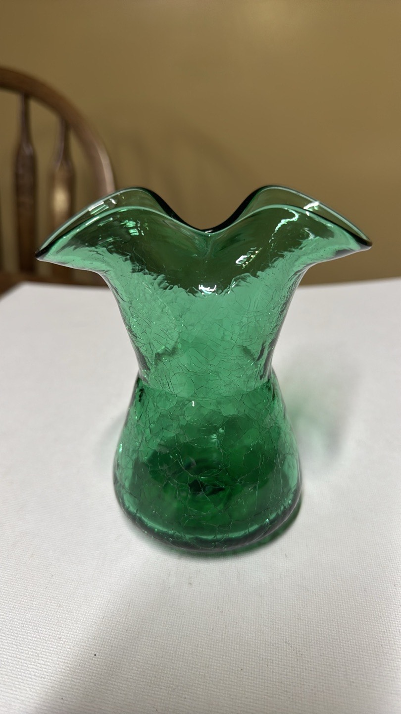Blenko Green Crackle Glass Pinched Double Opening Vase 1954 5.5" tall