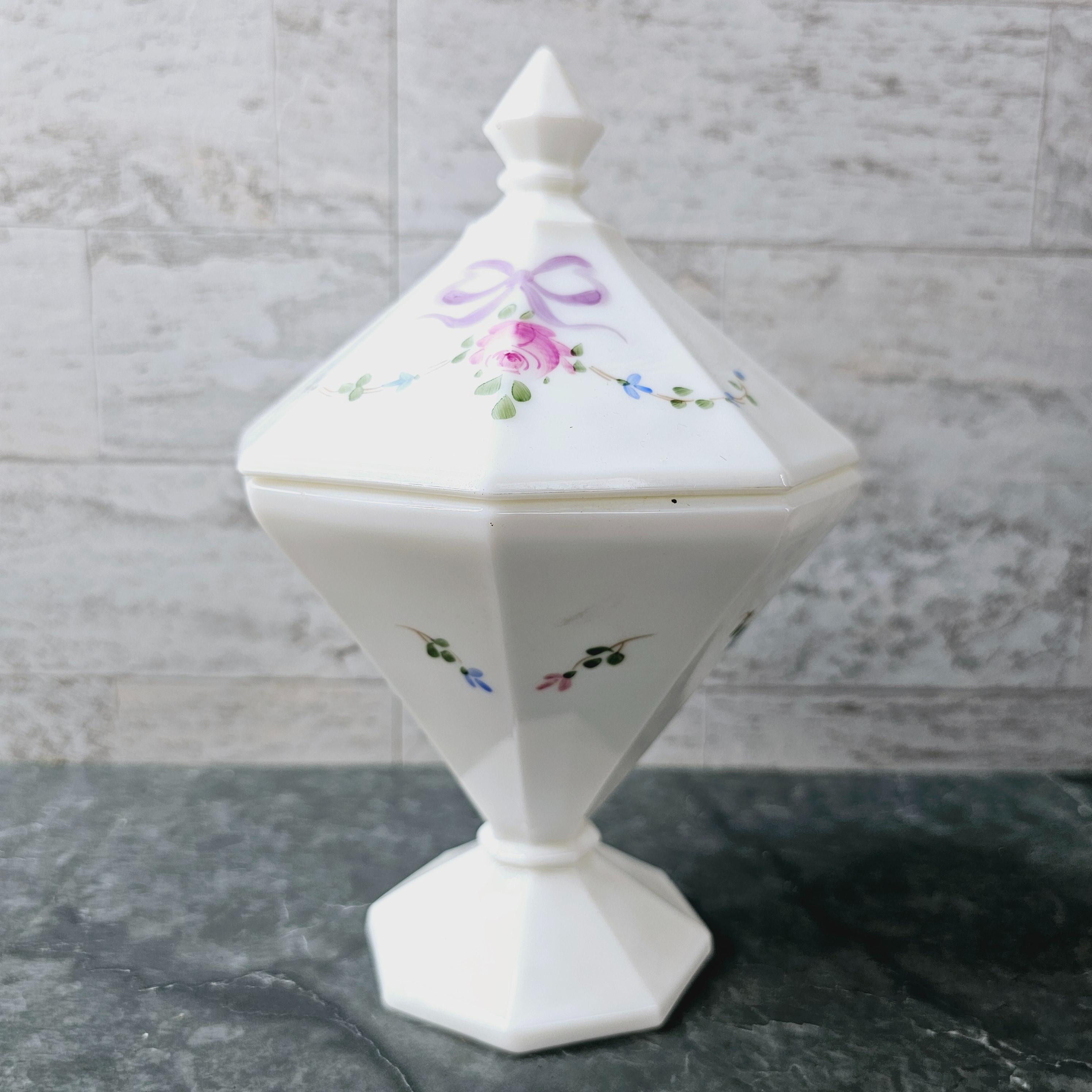 Vintage Westmoreland Roses and Bows Milk Glass Lidded Jar with Floral ...