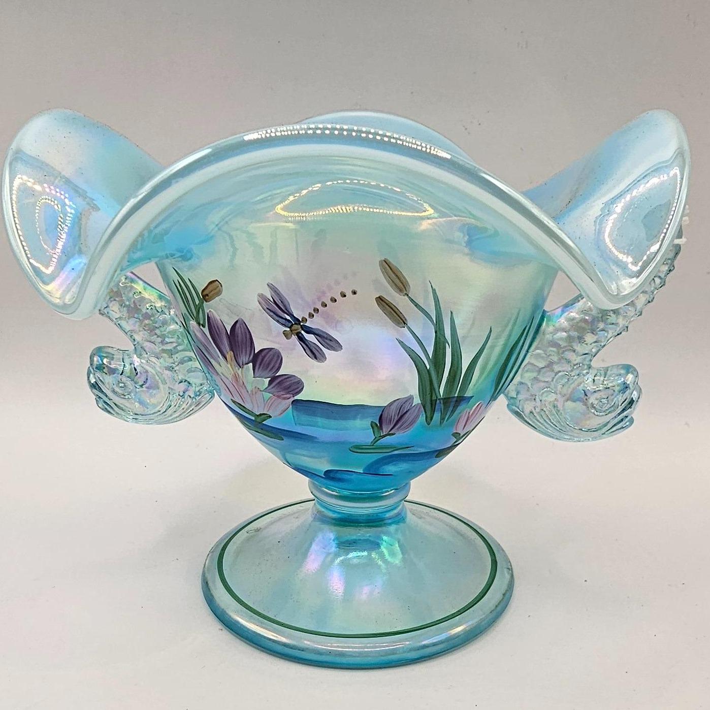 # 09. Fenton Art Glass Dragonfly Hand Painted & Signed 5" Tall Vase ...