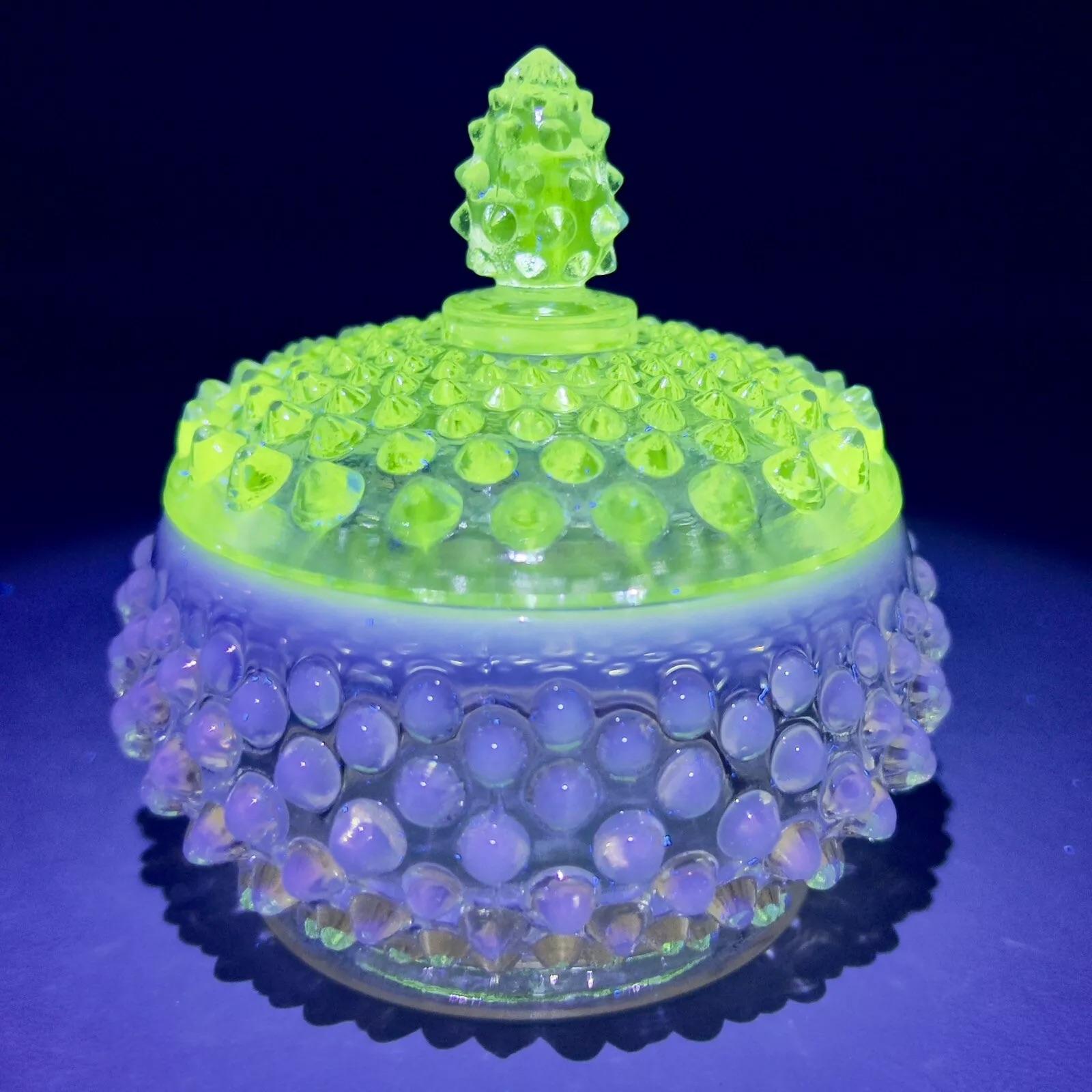 Fenton White Hobnail Opalescent Moonstone Powder Box Jar UV Reactive ...