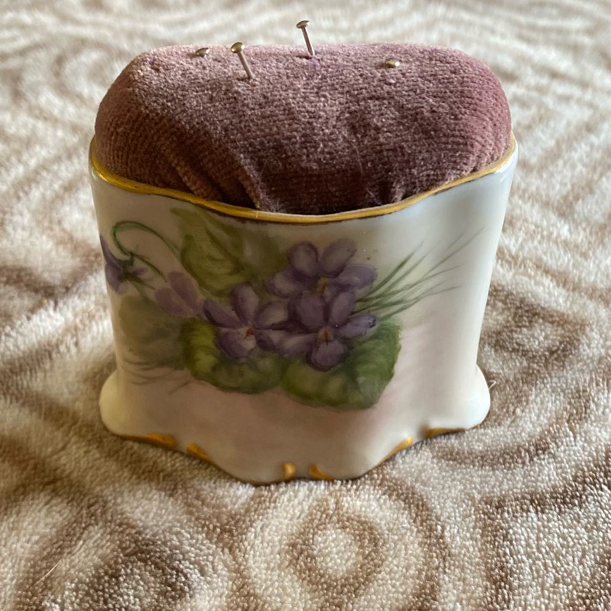 Porcelain Hand painted Pin Cushion- Great Condition- 2 3/4 X 3 X 1 1/2