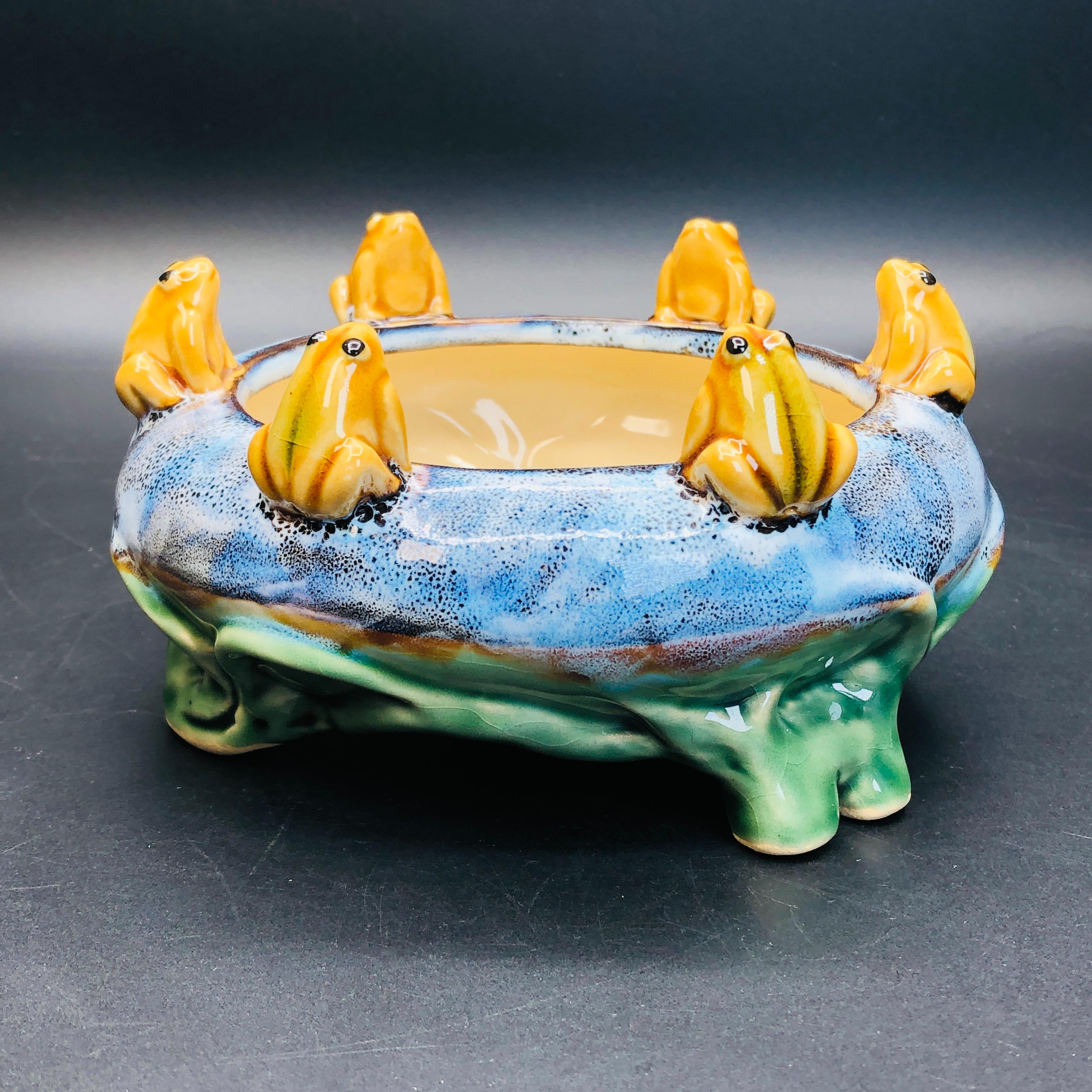 Majolica Pottery Frog on Lilypad Planter, Footed Figural Frog Vase Bowl