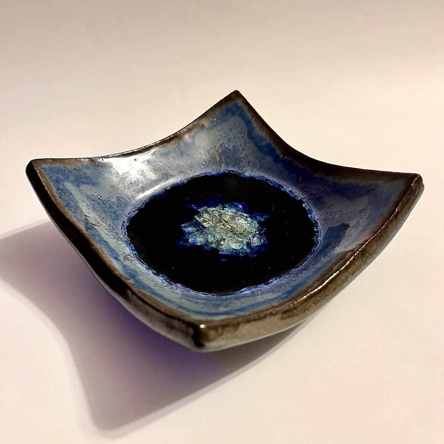 Studio Pottery Wonton Dish Geode Crackle Fused Glass Center 5" Square ...