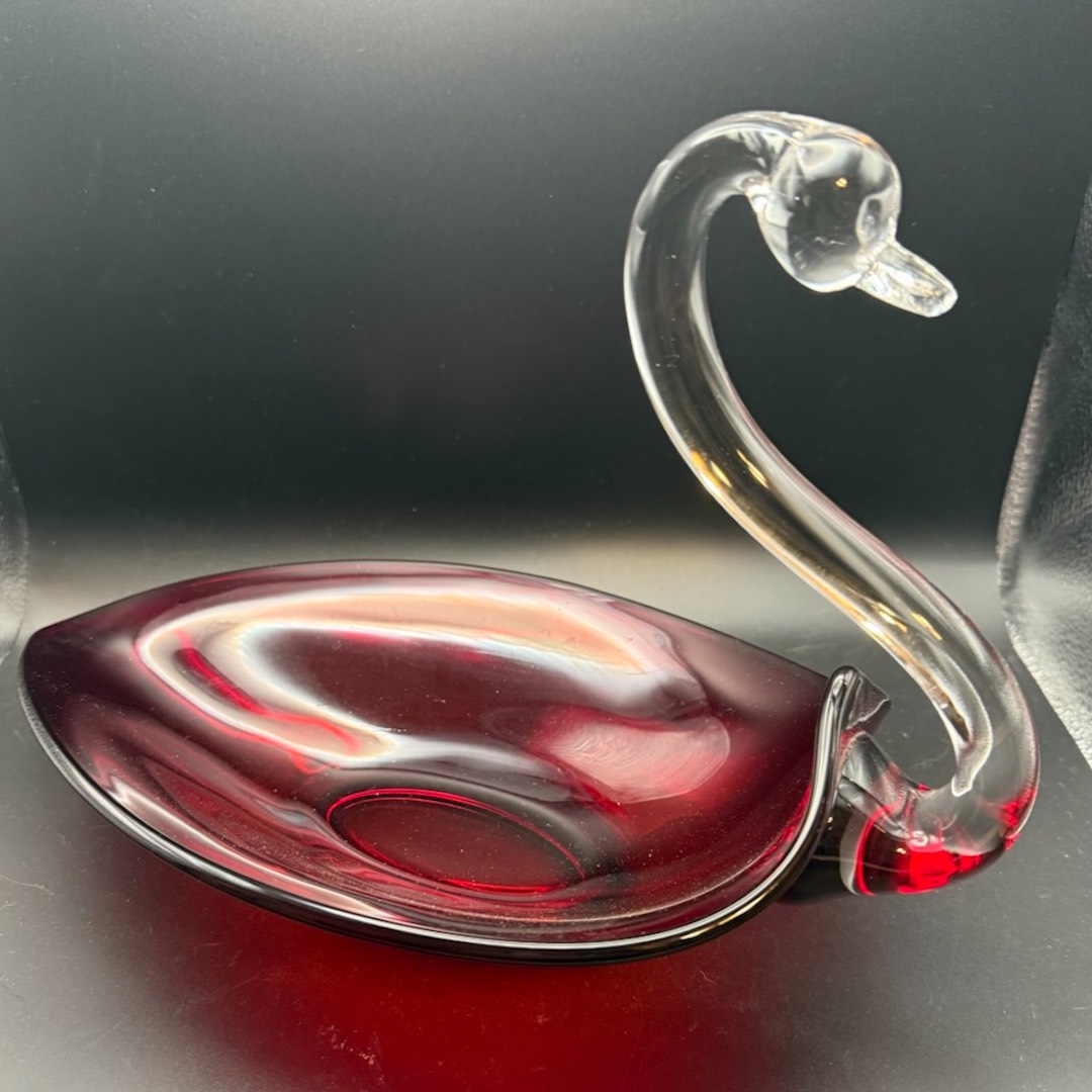 Duncan Miller MCM Ruby Red And Clear Glass Swan Bowl