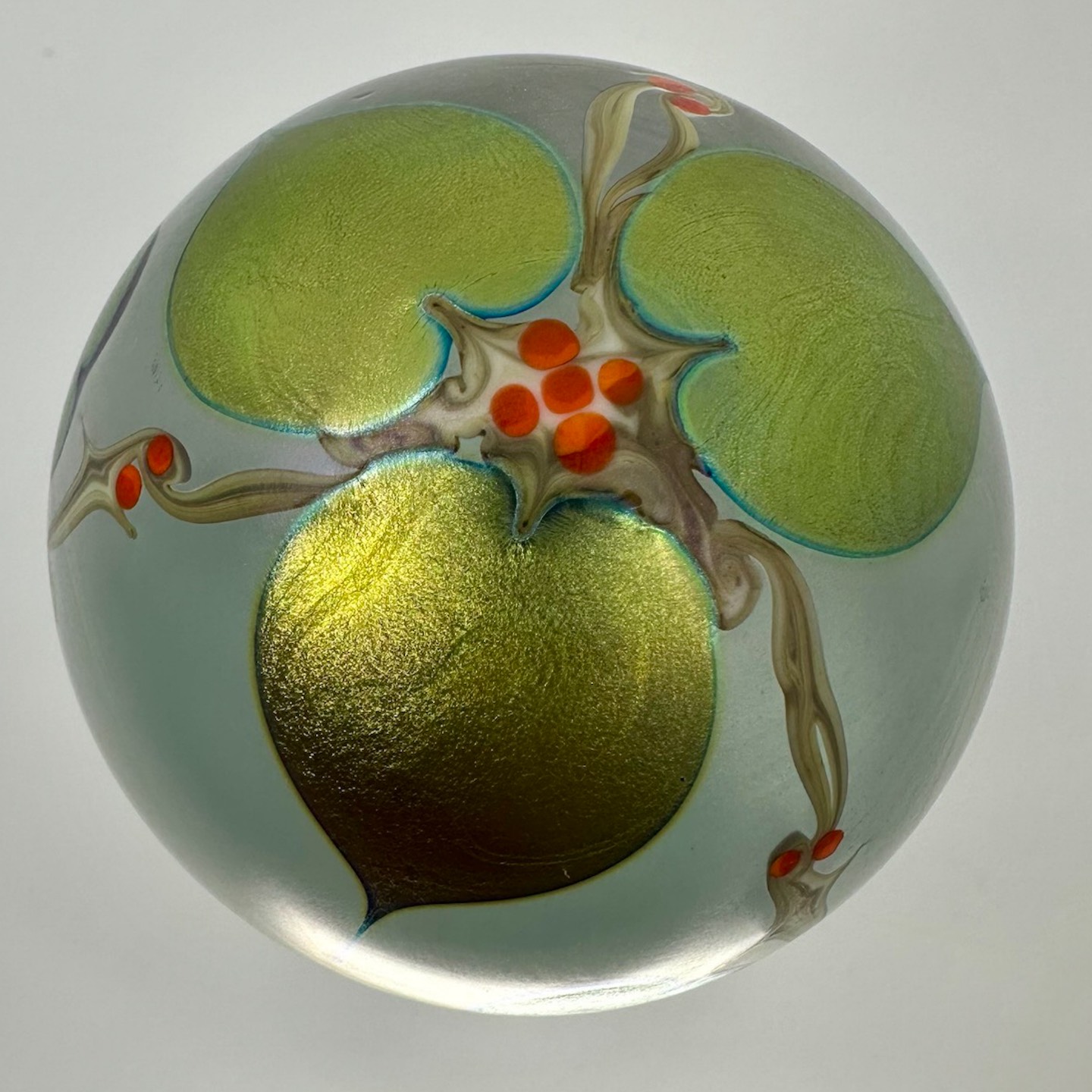 Stuart Abelman Iridescent Art Glass Pulled Feather Leaves Paperweight 1982