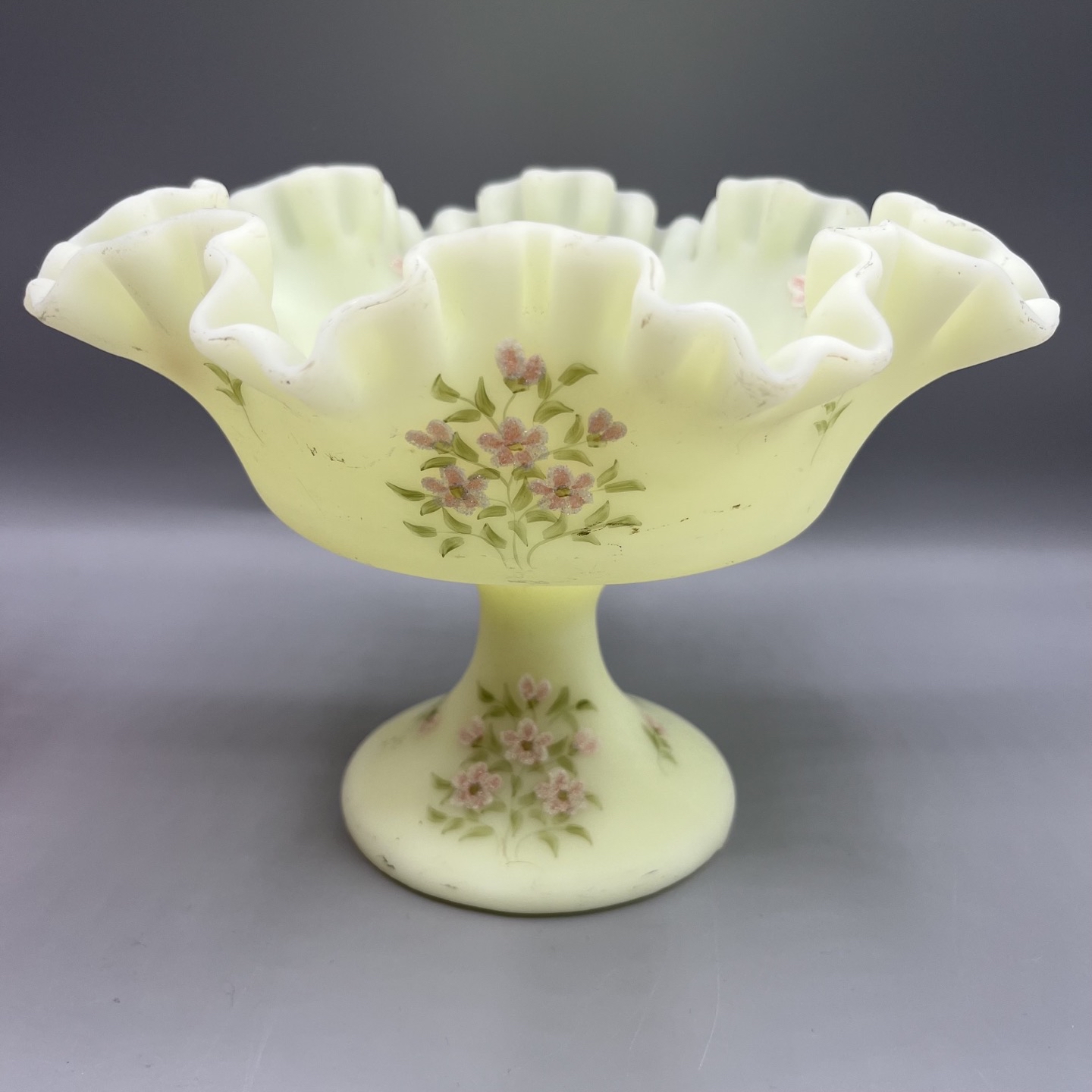 Fenton Flowers On Custard Satin Ruffled Compote Glows