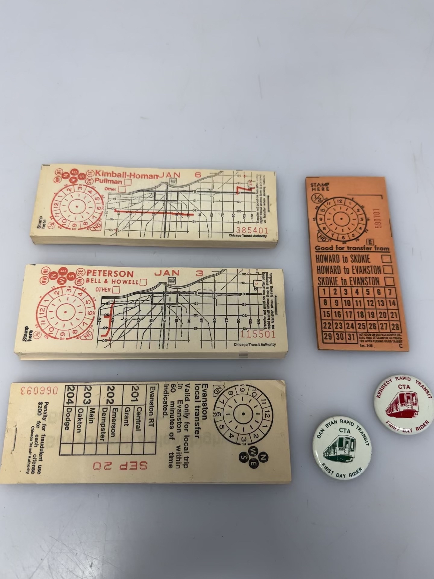 Vintage Chicago CTA Bus Transfers 1950’s Plus Two CTA Pins