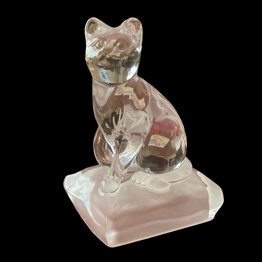 Vintage Clear Art Glass Kitty Cat on Frosted Glass Pillow Base 🐱