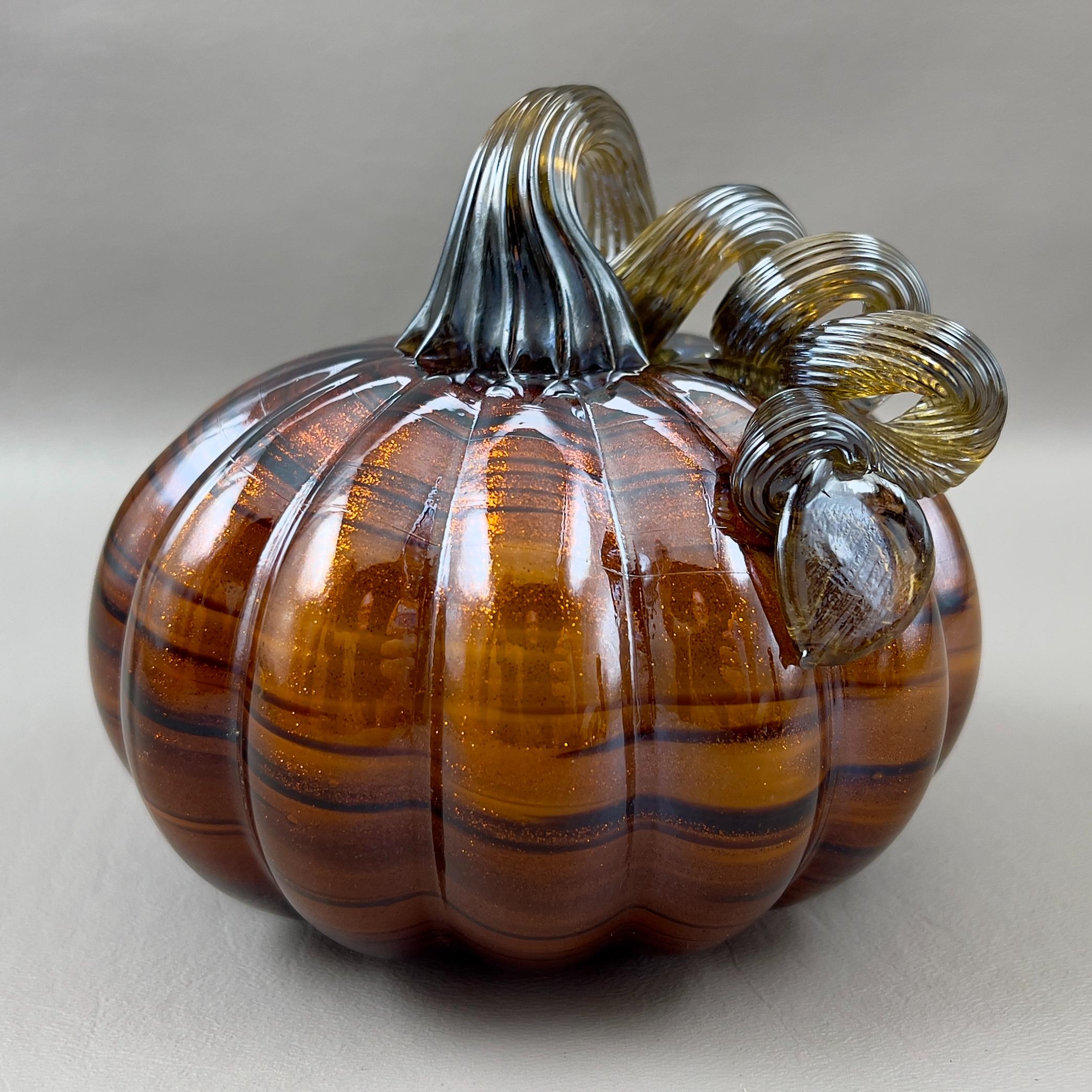 #028 Art Glass Pumpkin Decor Brown Amber Gold Flecks Curly Stem 5" Fall ...