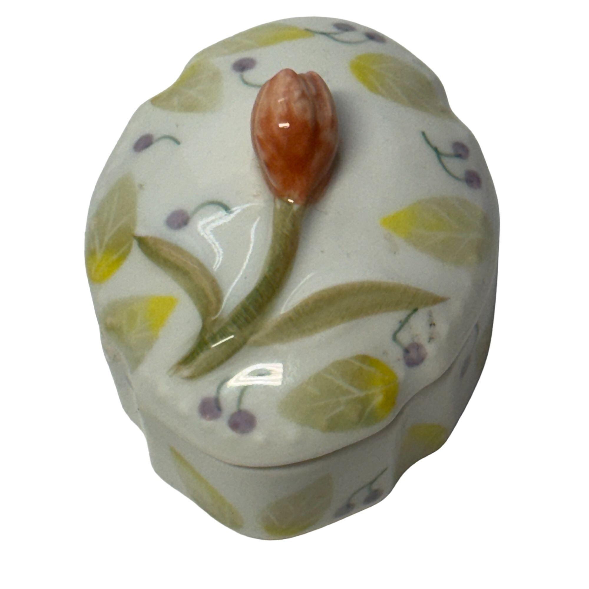 Andrea by Sadek Oval Porcelain Trinket Box Pink Tulip Green Leaves 2.75 ...