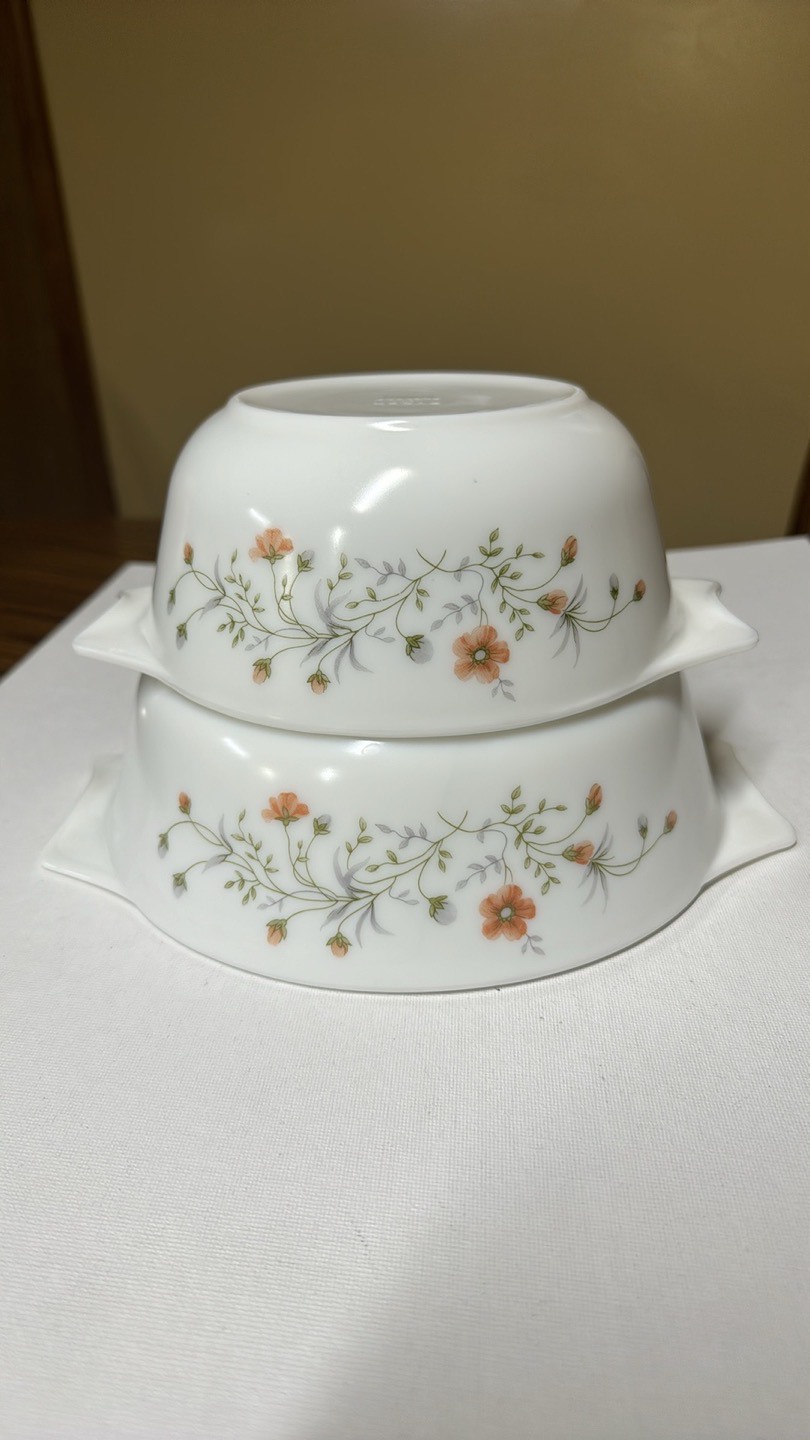 Pyrex England Emily Casserole Dishes Spring Garden pattern 1970s Set of 2