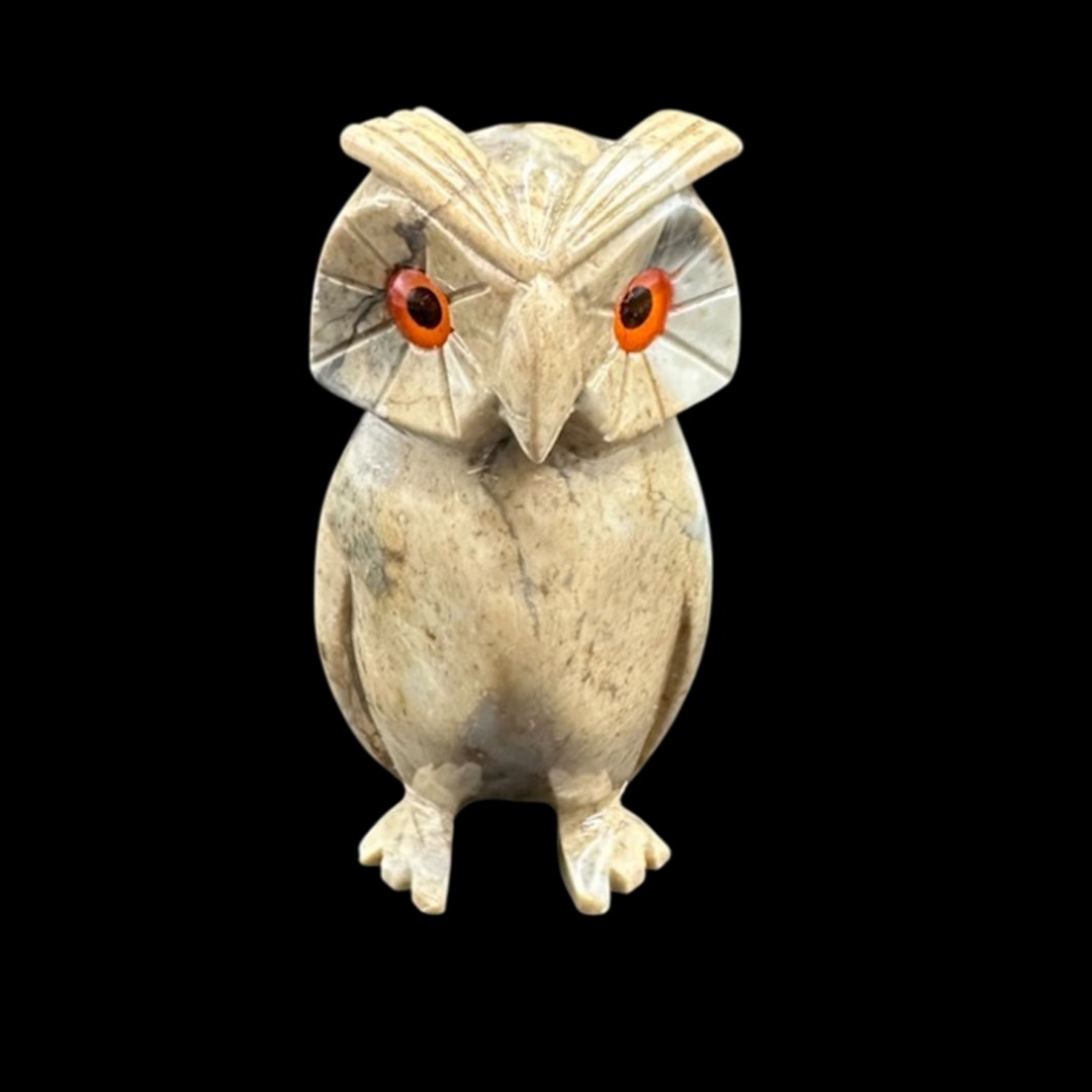 Hand Carved Stone Owl Statue Figurine Orange Eyes 2 3/4”H*