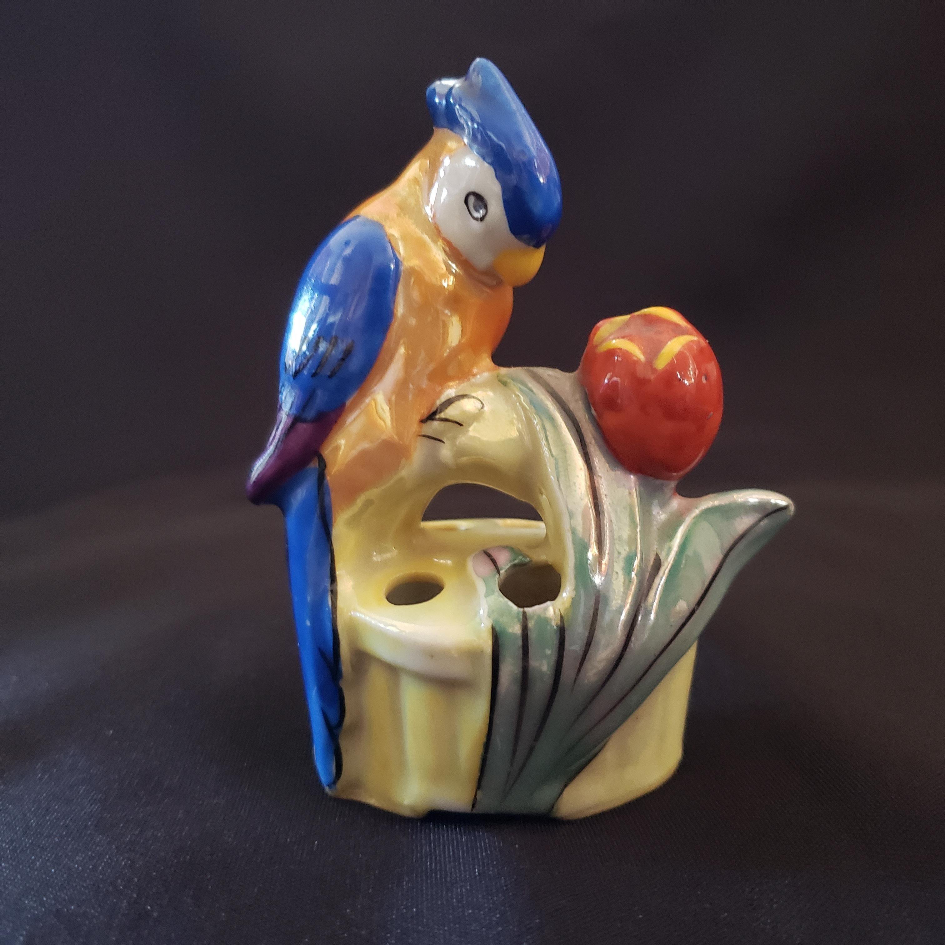 Parrot Flower Frog Ceramic Lusterware Japan Made 3½"T Approximately Vintage