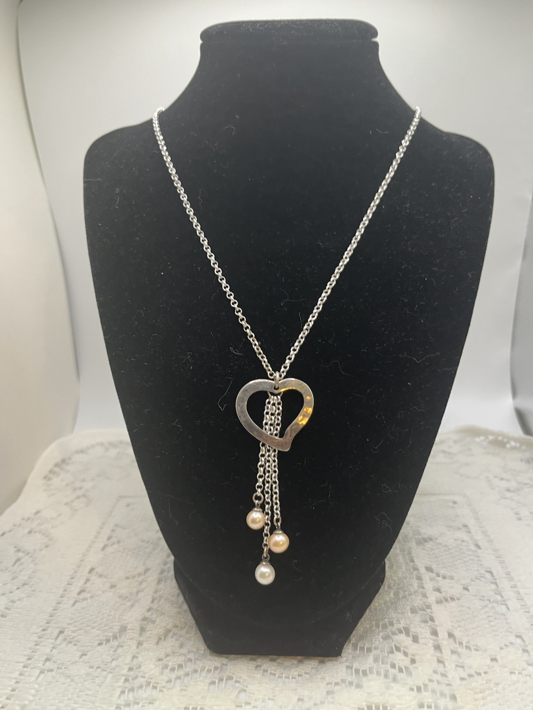 Vantel Pearls Triple Lariat Pearl Heart Necklace Signed 28” Signed