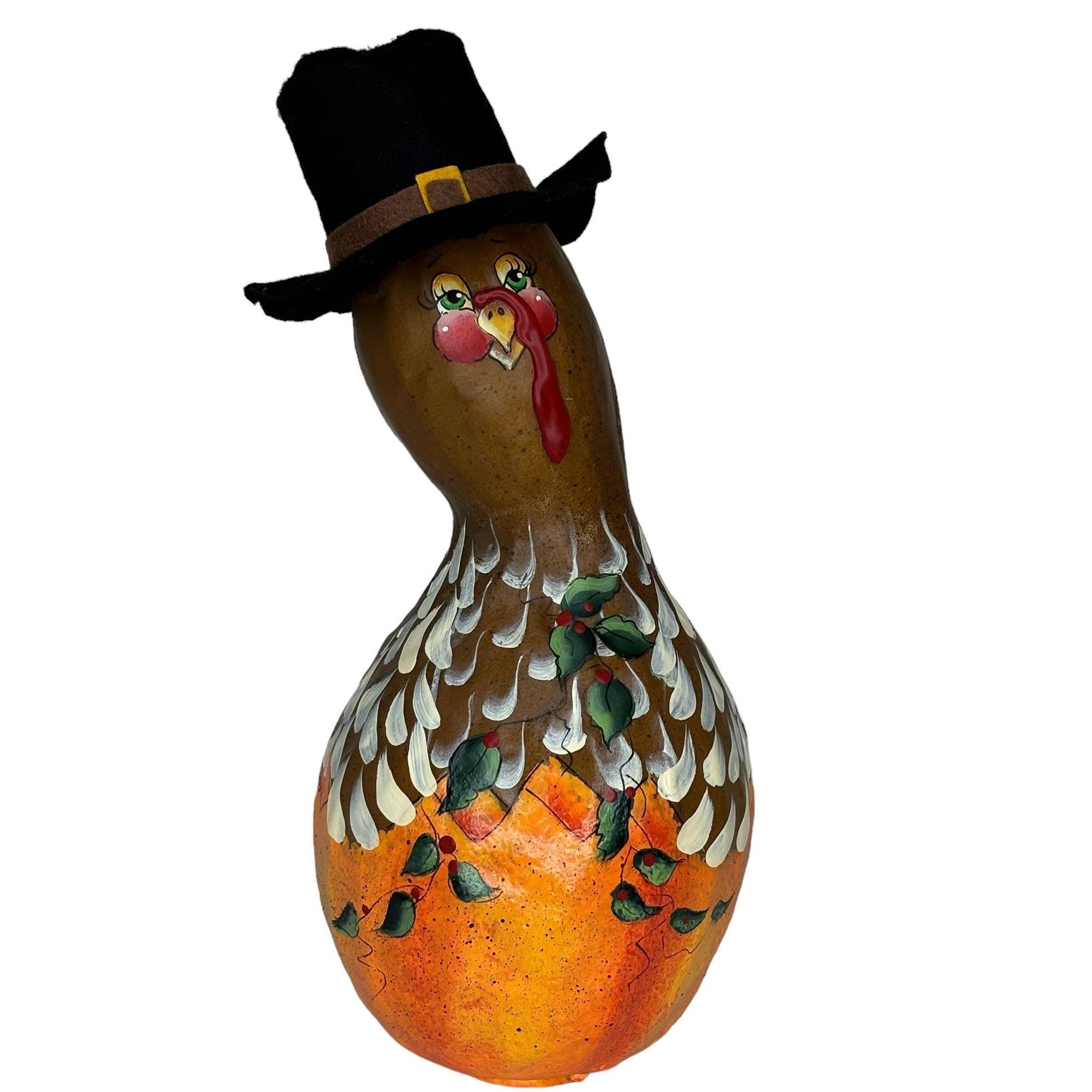 Hand Painted Turkey Gourd Pilgrim Decor 11" Artist Signed Joleen