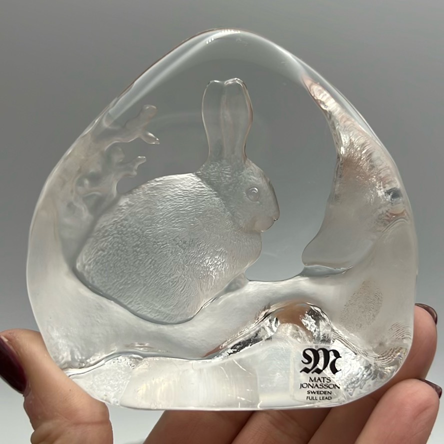 Mats Jonasson Sweden Full Lead Crystal Rabbit In Snow Paperweight Signed 3”