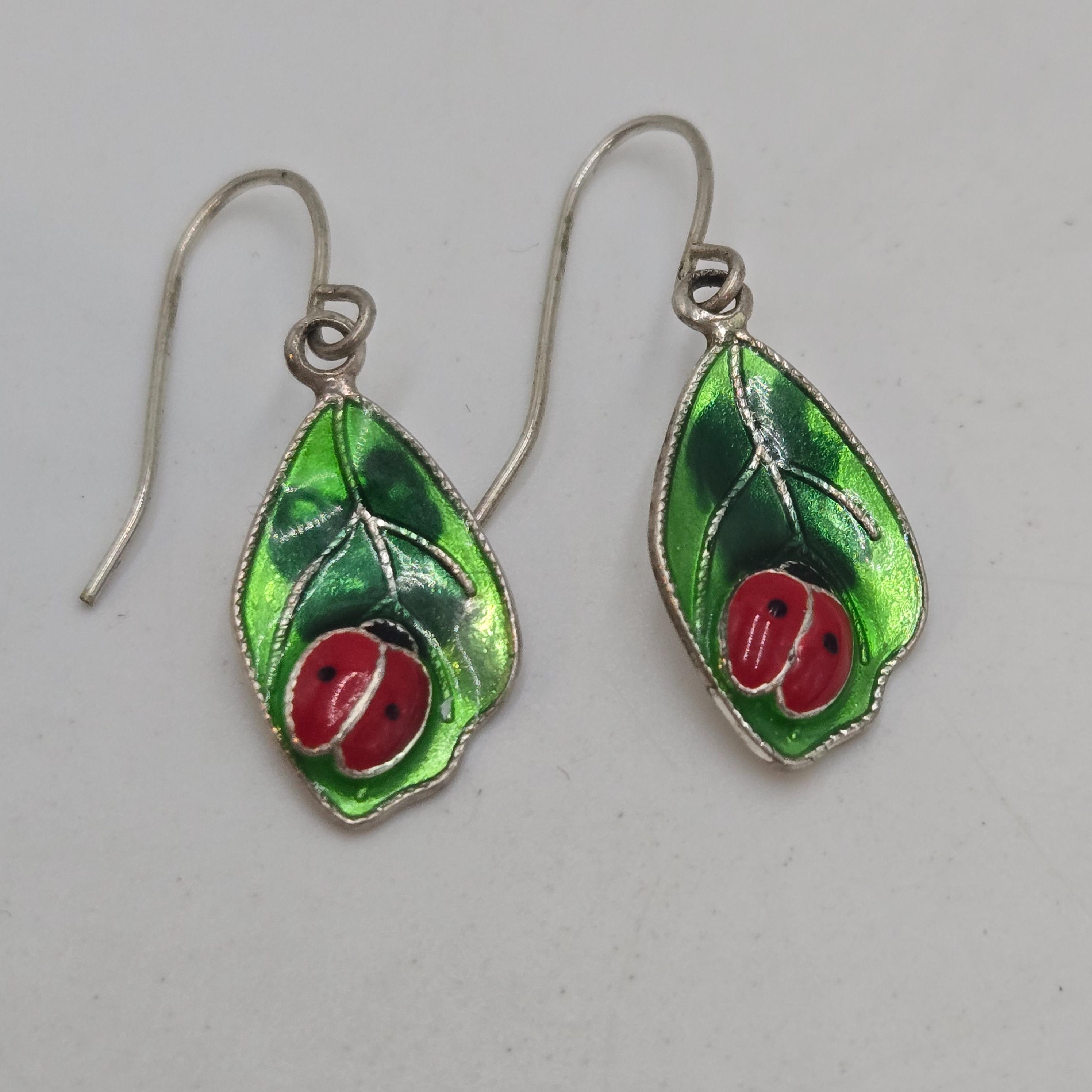 Vintage Avon Green Guilloche Leaf Ladybug Enamel Dangle Hook Wire Earrings