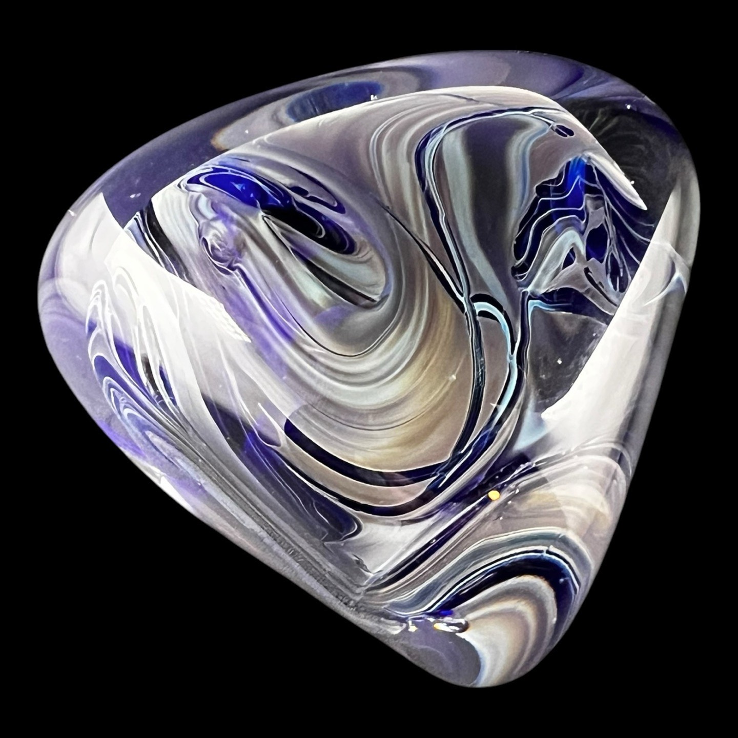 Karg Signed Blue Swirl Triangle Glass Paperweight 3.5”