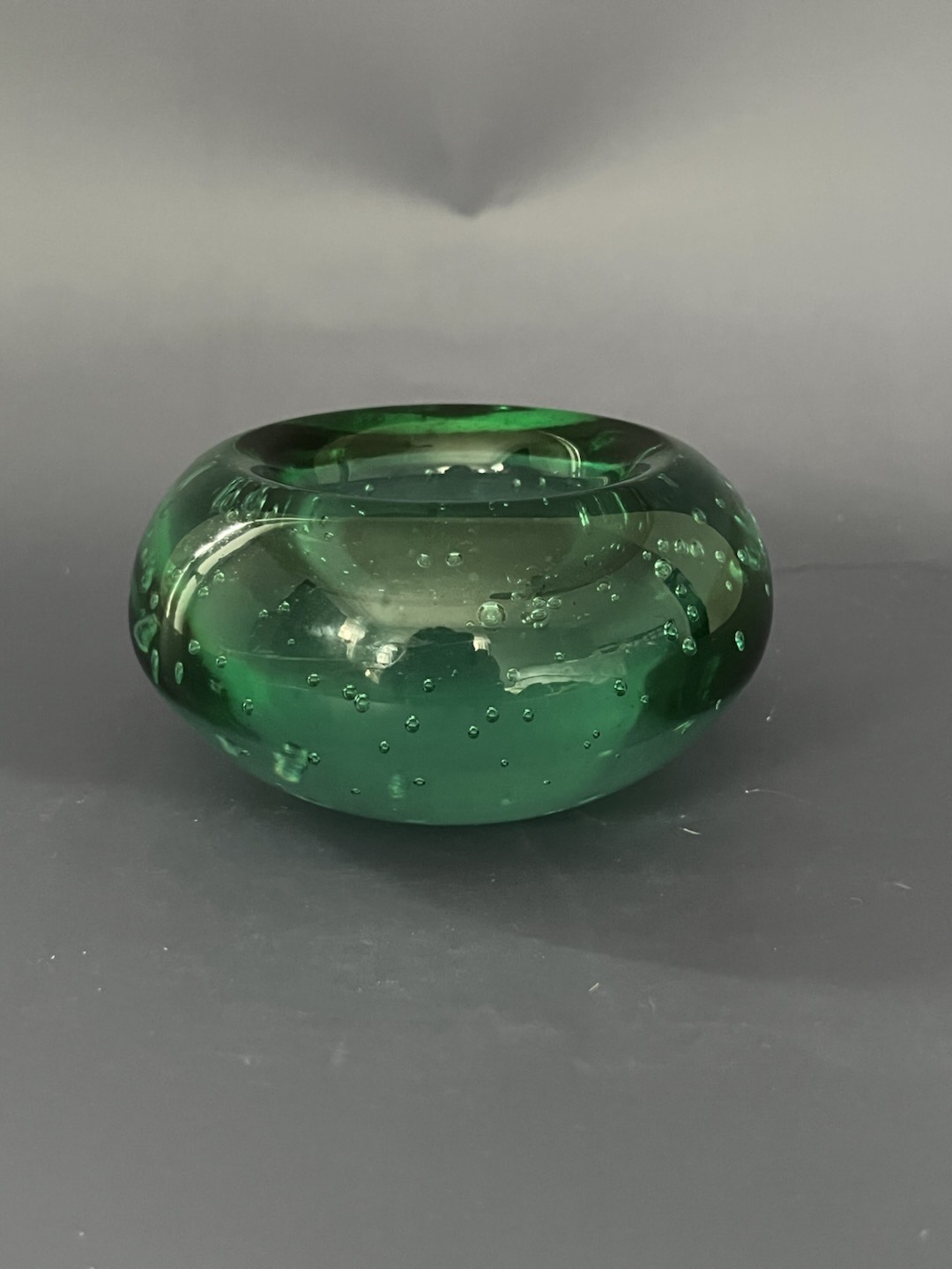 Emerald Green Art Glass Bullicante Paperweight/Tea Light Candle Holder.