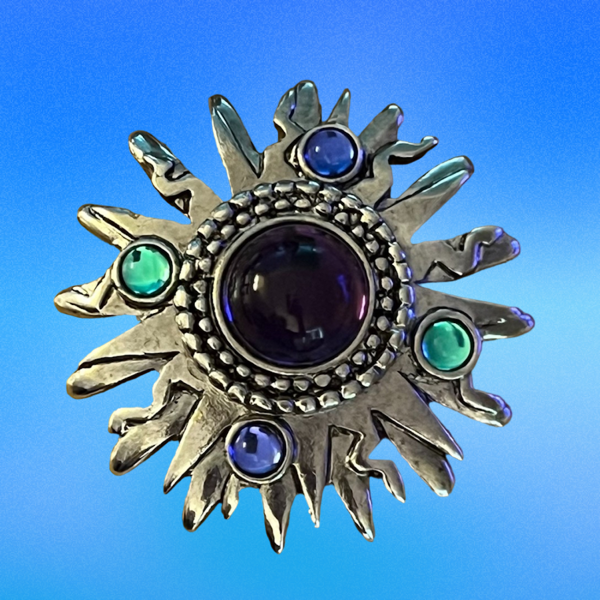 Vintage Atomic Sunburst Multicolor Glass Cabochons Celestial Sun Brooch