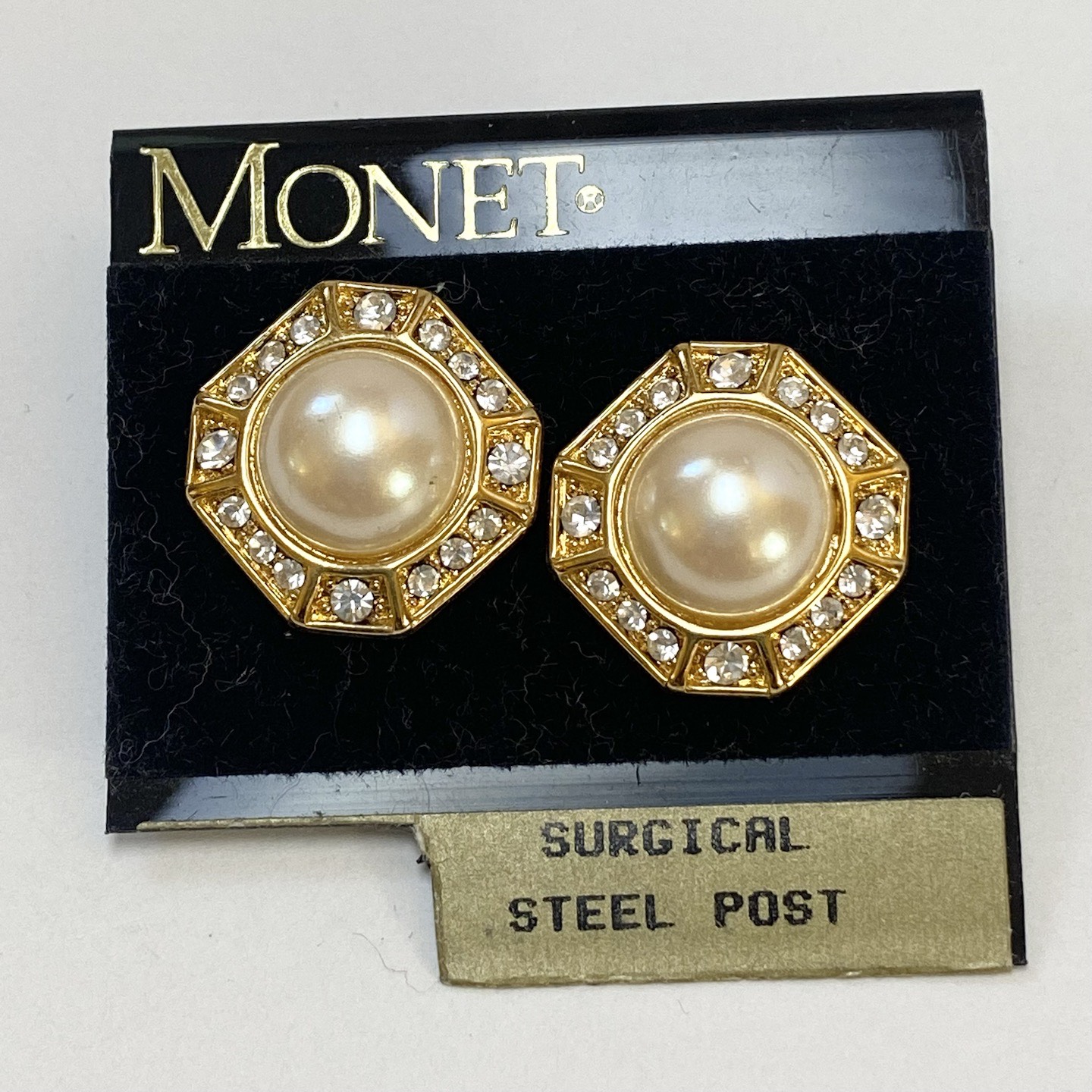 Vintage Monet Square Octagon Faux Pearl Rhinestone Gold Tone Pierced ...