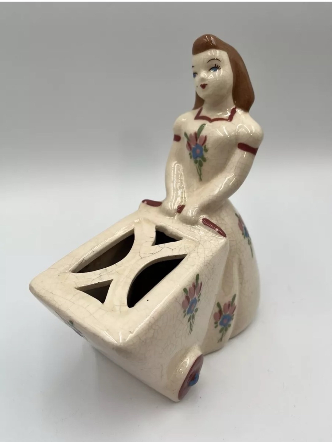 Weil Ware 1950s California Pottery Lady Flower Cart Vase Flower Frog