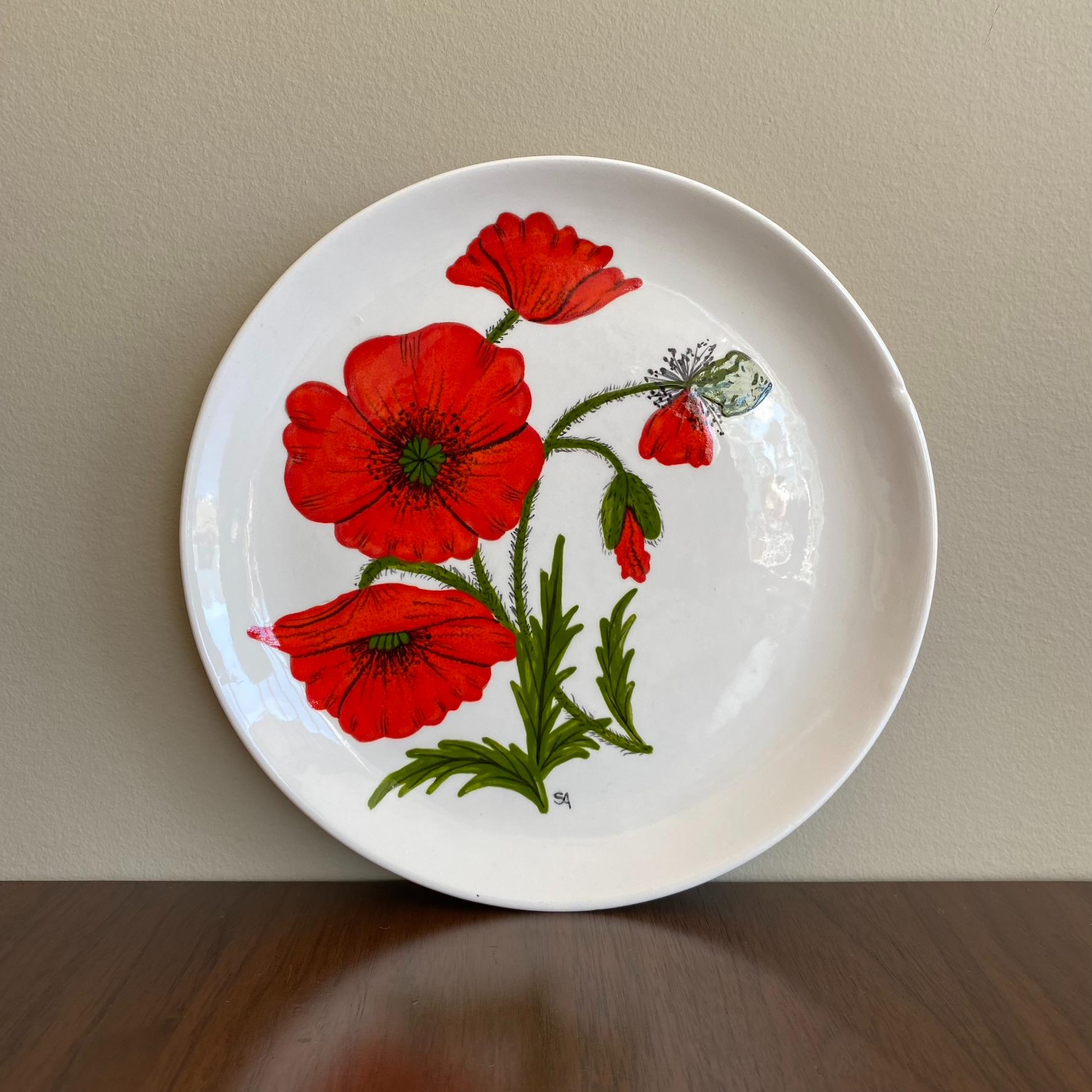 Vintage Hand Painted Red Poppy Flower Plate SA 1984