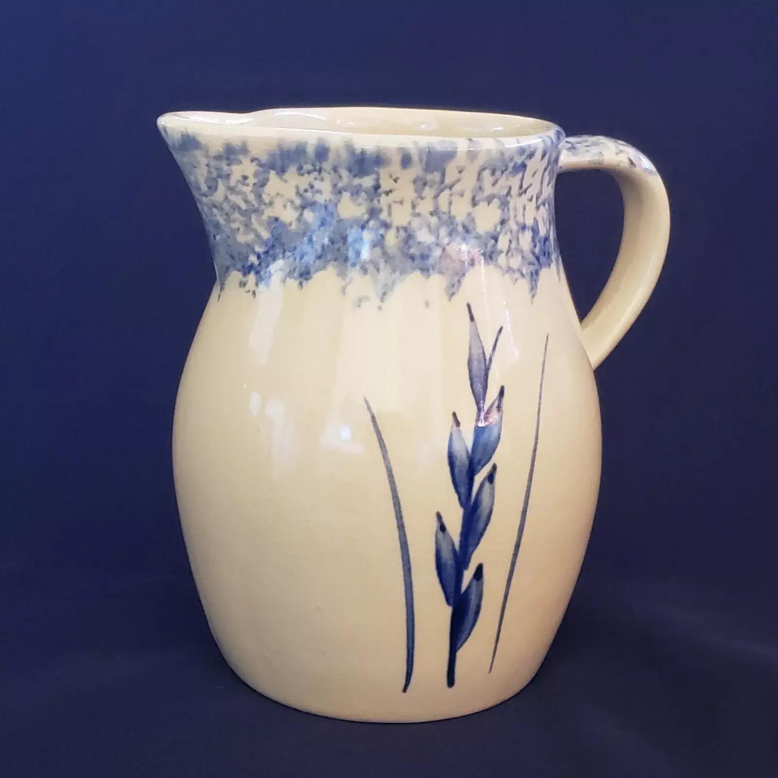 Ceramic Pitcher Robinson Ransbottom Blue Wheat Spongeware Roseville USA ...