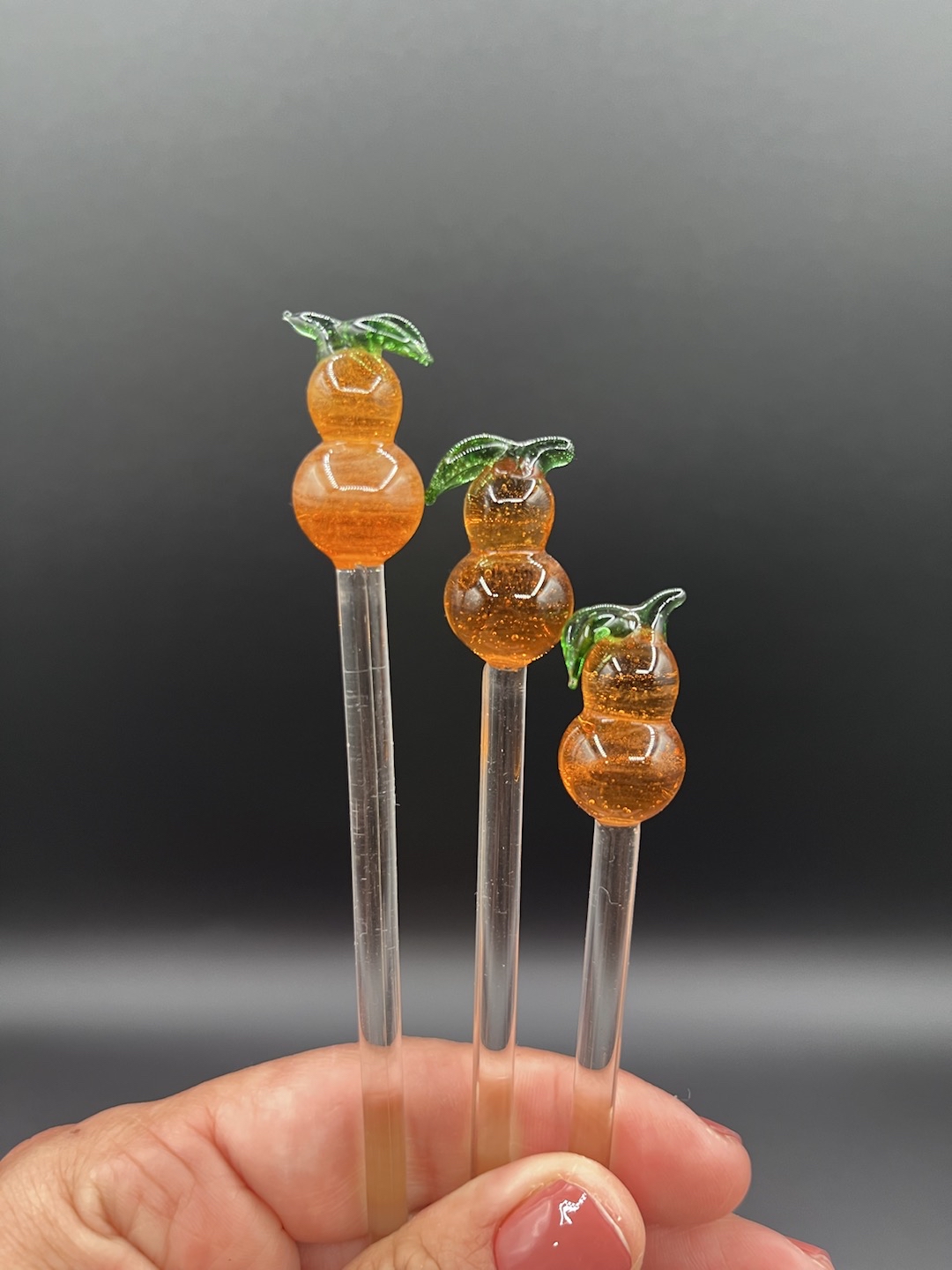 Set Of 3 Orange Squash Art Glass Swizzle Sticks 7”