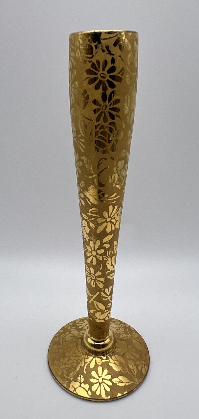 Vintage 1940’s Bud Vase Ransgil Crystal 22 K Gold Floral Overlay 6”