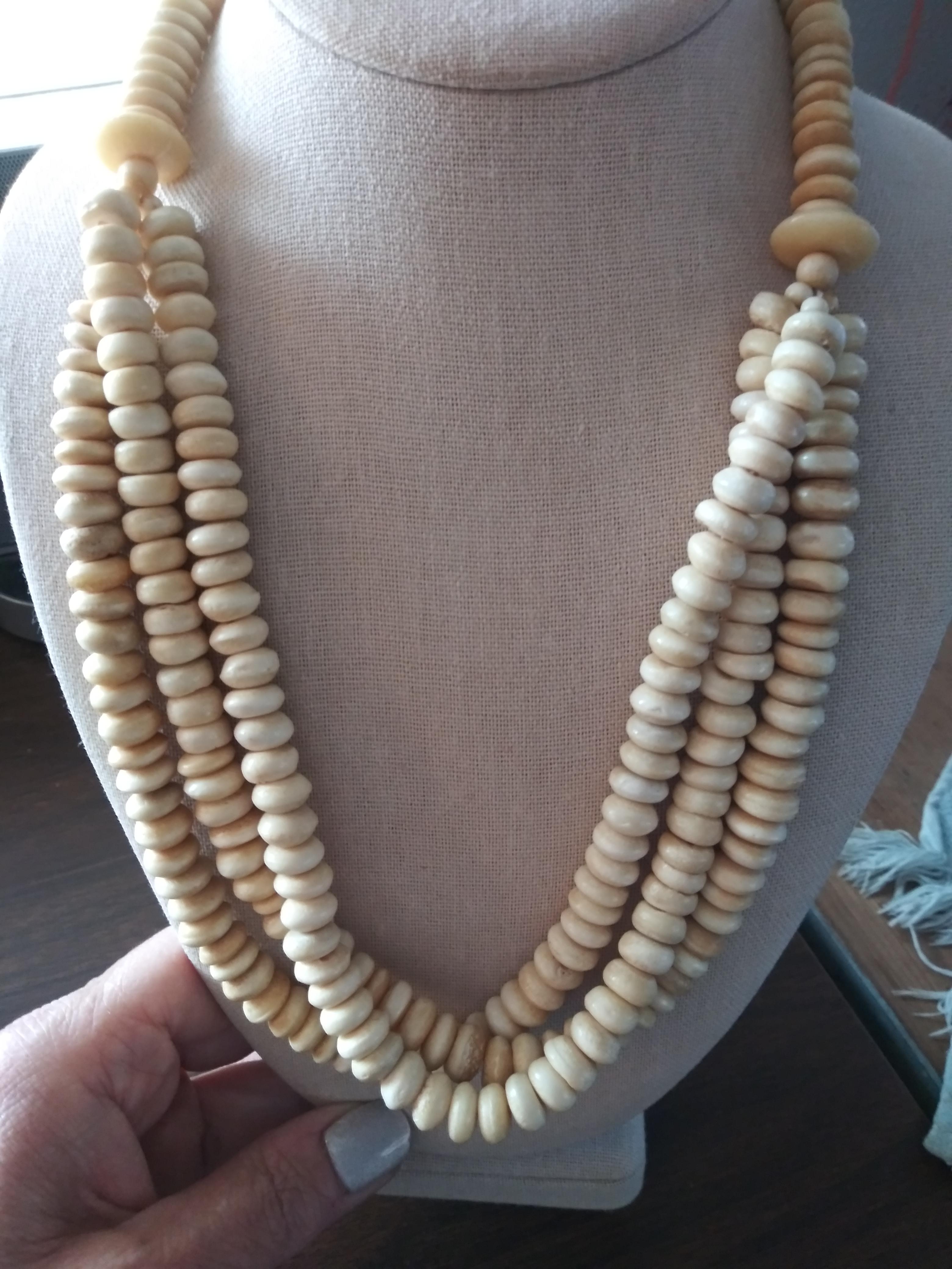 Vintage Bone Beads Necklace 3 Strands Barrel Clasp 11" Heavy