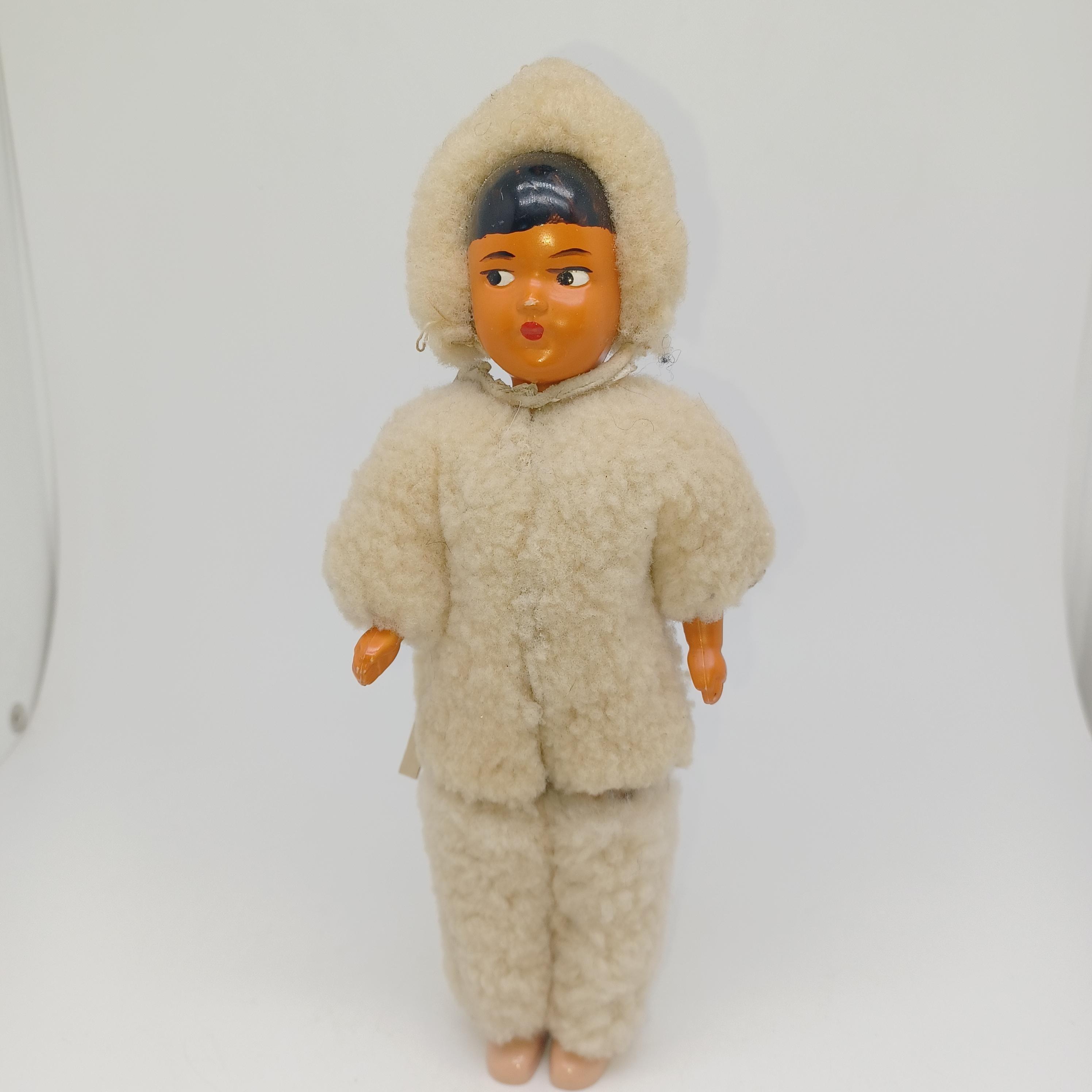 Old Eskimo Doll Celluloid Rare Inuit Face Jointed Arms Body Sheep Wool ...