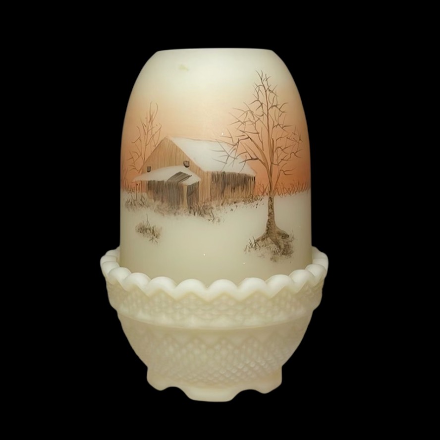4.5" - Fenton Sunset Cameo Satin Glass Cabin & Trees Fairy Light Hand ...