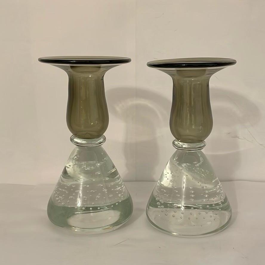 #477 Erickson Art Glass Pair Of Smoke And Clear Controlled Bubbles ...