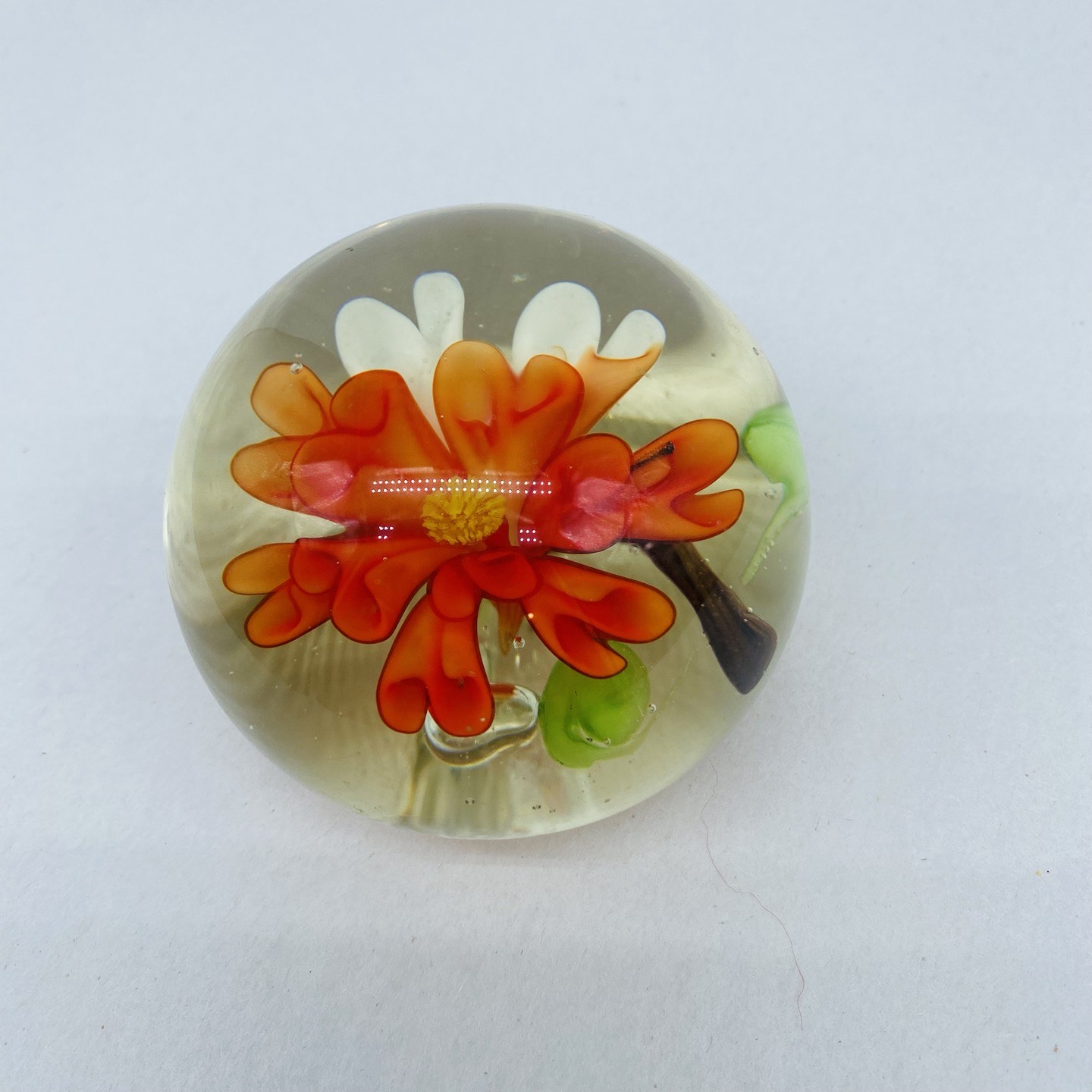 #26 - Orange And White flower With Branch Art Glass Paperweight