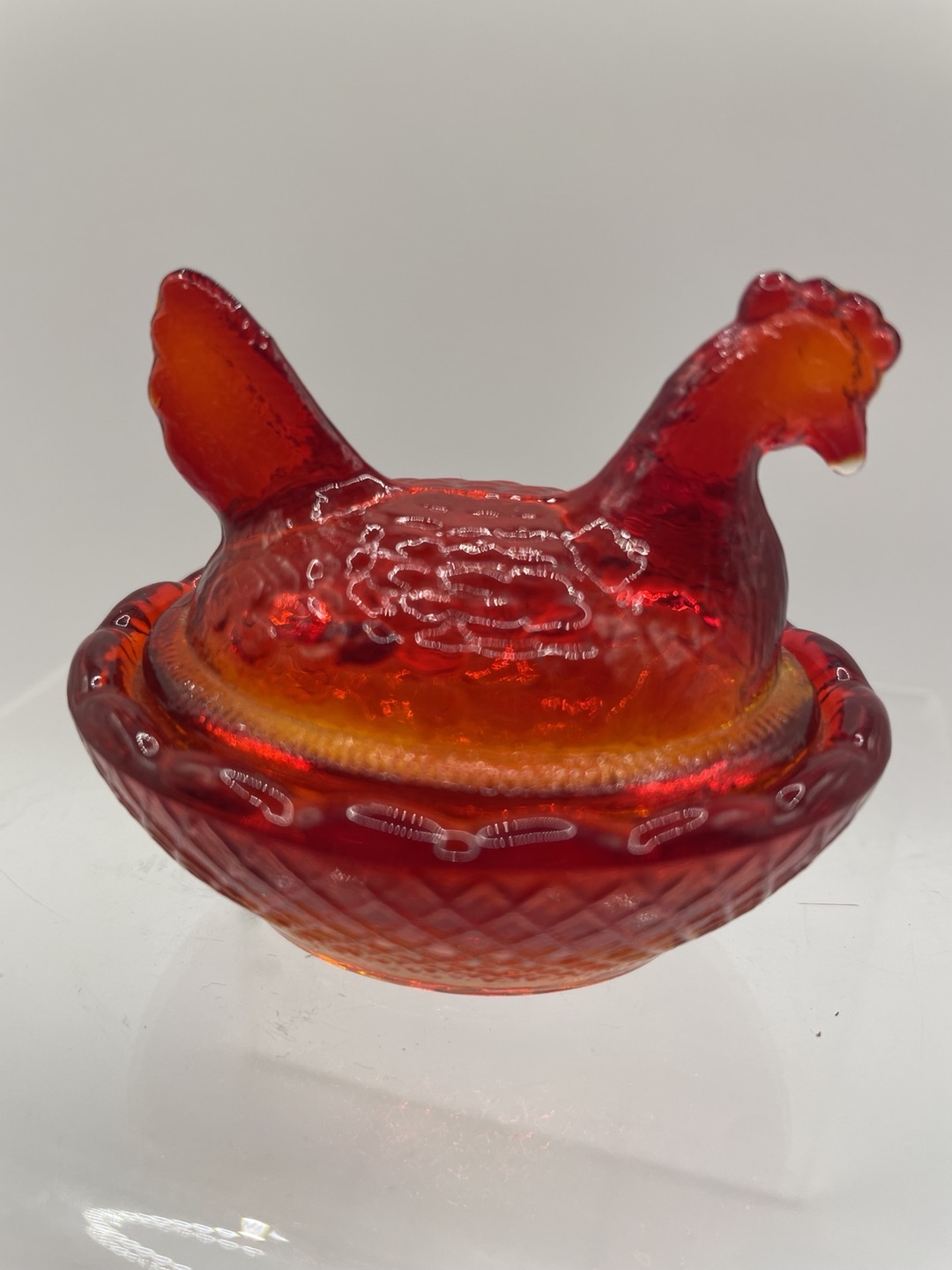 Amberina Small Glass Chicken/Hen on Nest Salt Cellar Dish / Trinket Dish 3”