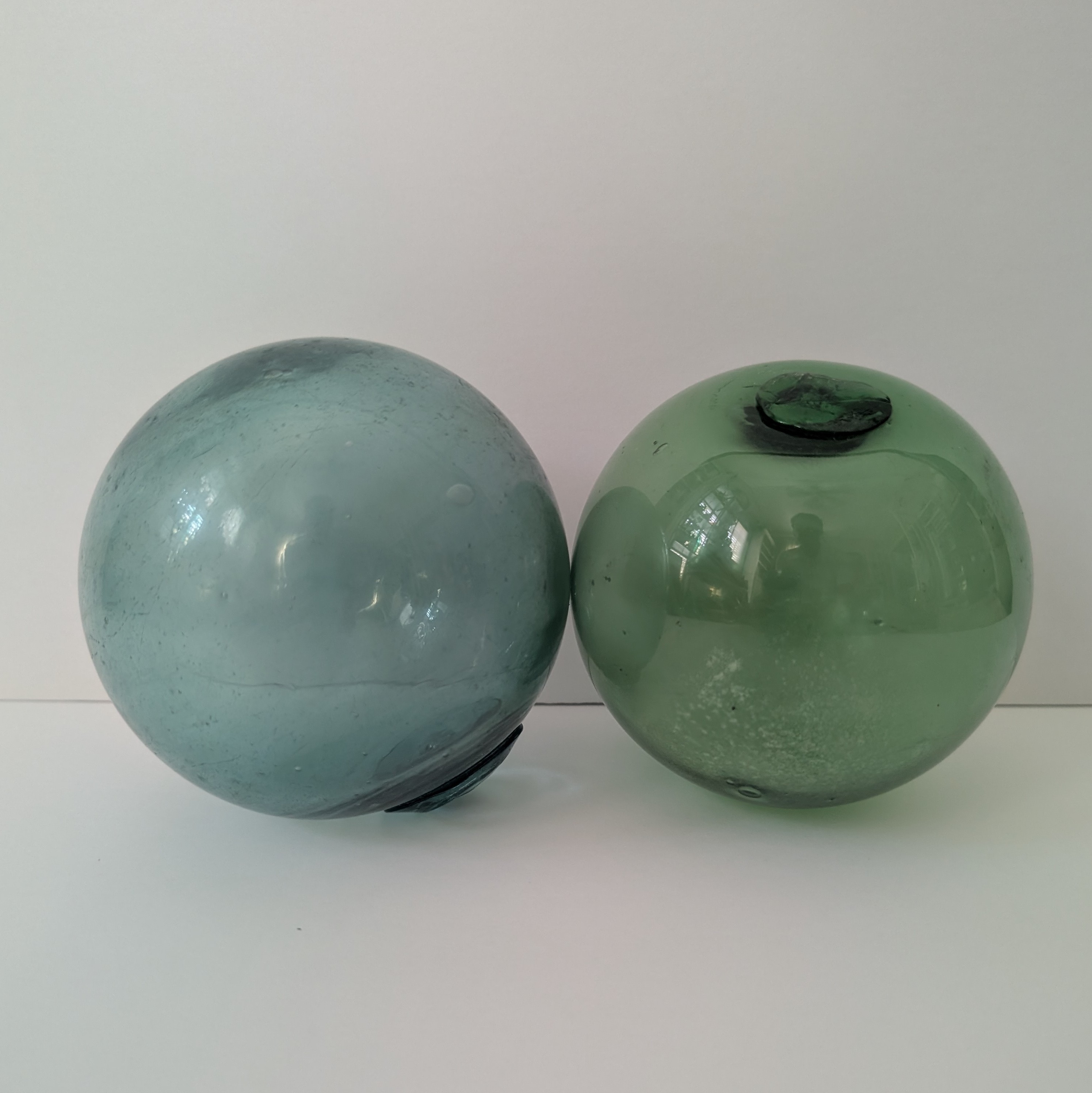 2 Vintage Blenko #51S Glass Bubbles Fishing Floats Orbs Green & Blue