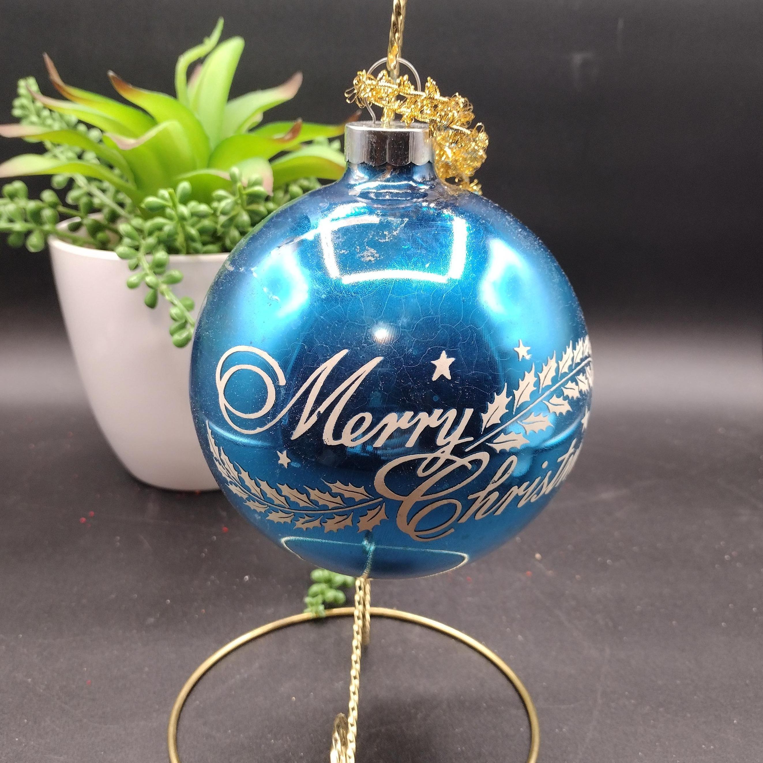 Large Shiney Brite Glass Ornament Blue Merry Christmas 5-inch diameter ...