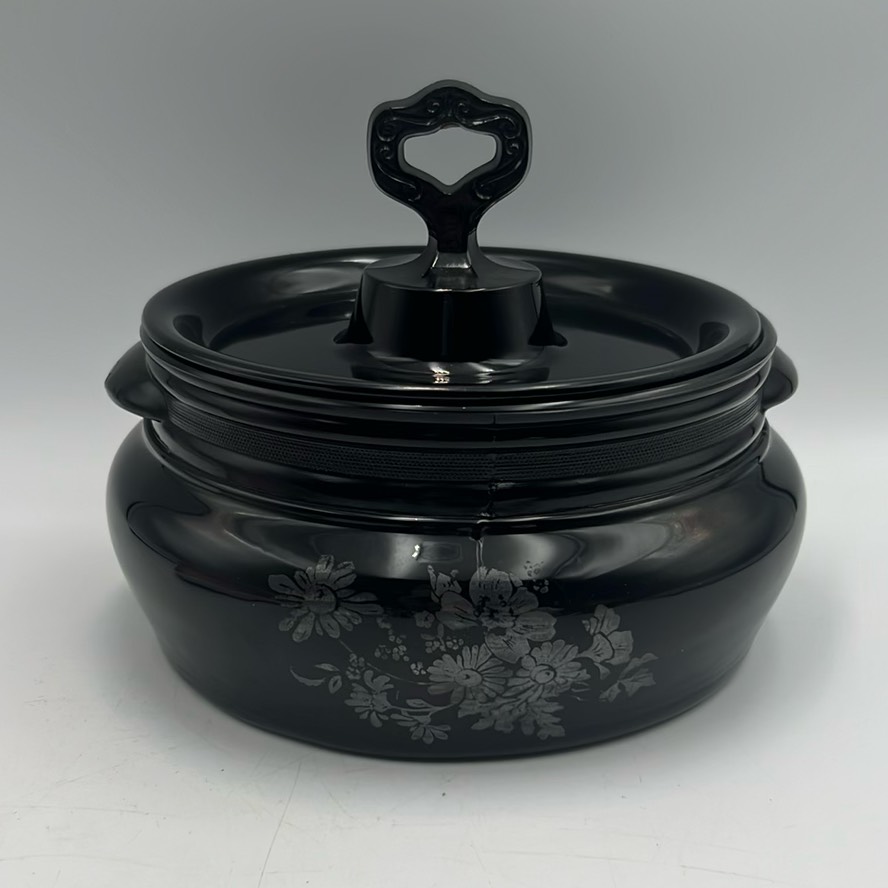 LE Smith 1930s Black Amethyst Depression Glass Bean Pot With Lid 8”