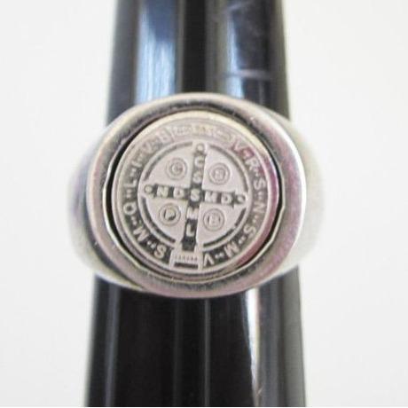 Vintage silver Catholic Saint Benedict medal ring handcrafted from a coin